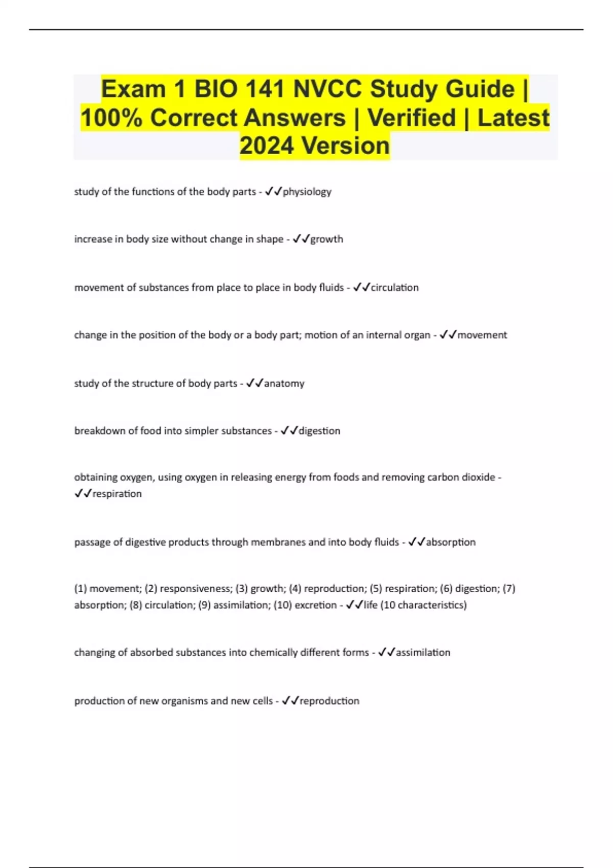 Exam 1 BIO 141 NVCC Study Guide | 100% Correct Answers | Verified ...