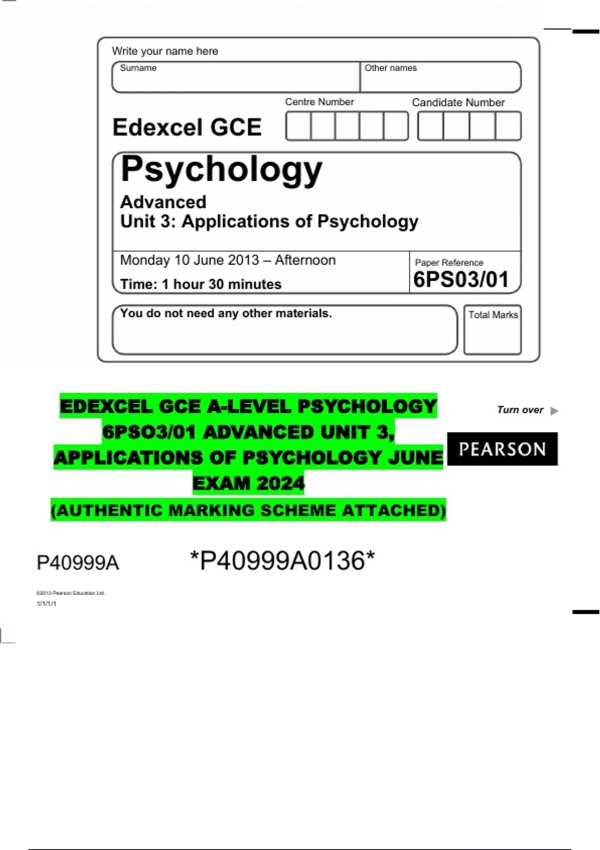 EDEXCEL GCE A-LEVEL PSYCHOLOGY 6PSO3/01 ADVANCED UNIT 3, APPLICATIONS ...