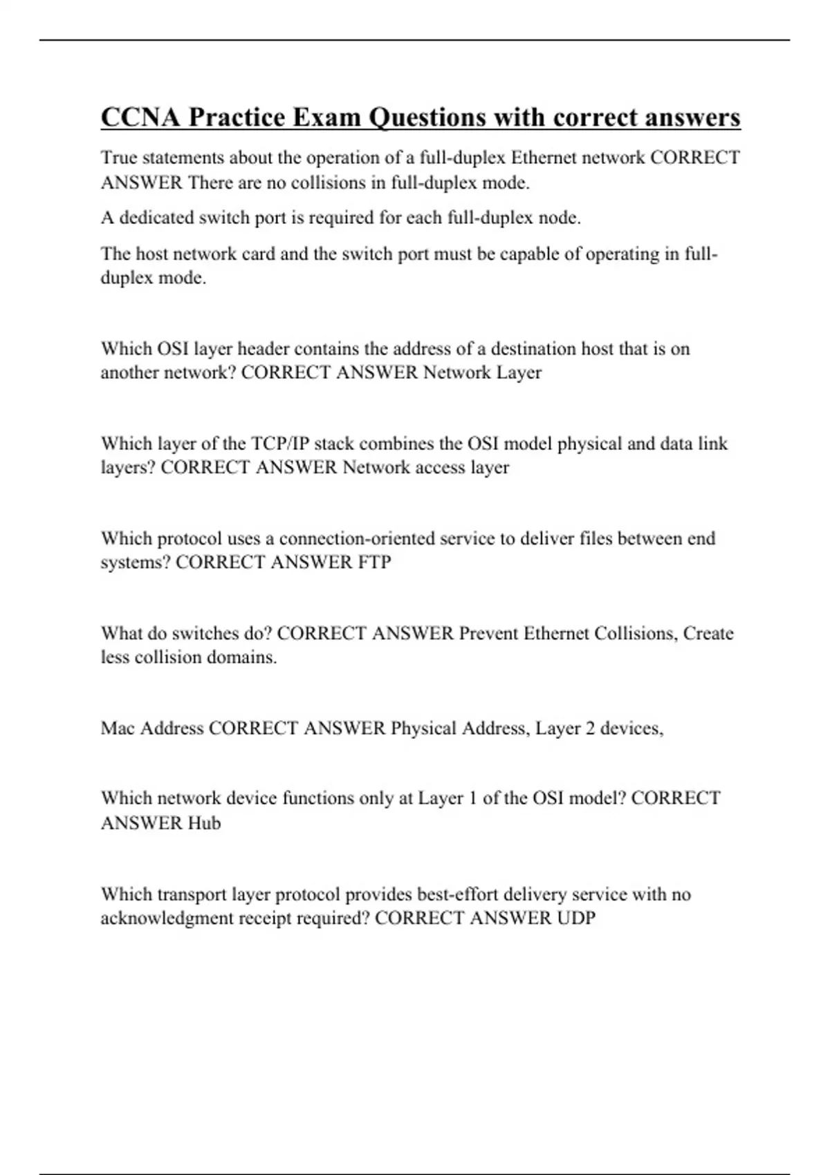CCNA Practice Exam Questions with correct answers - CCNA - Cisco Certified Network Associate ...