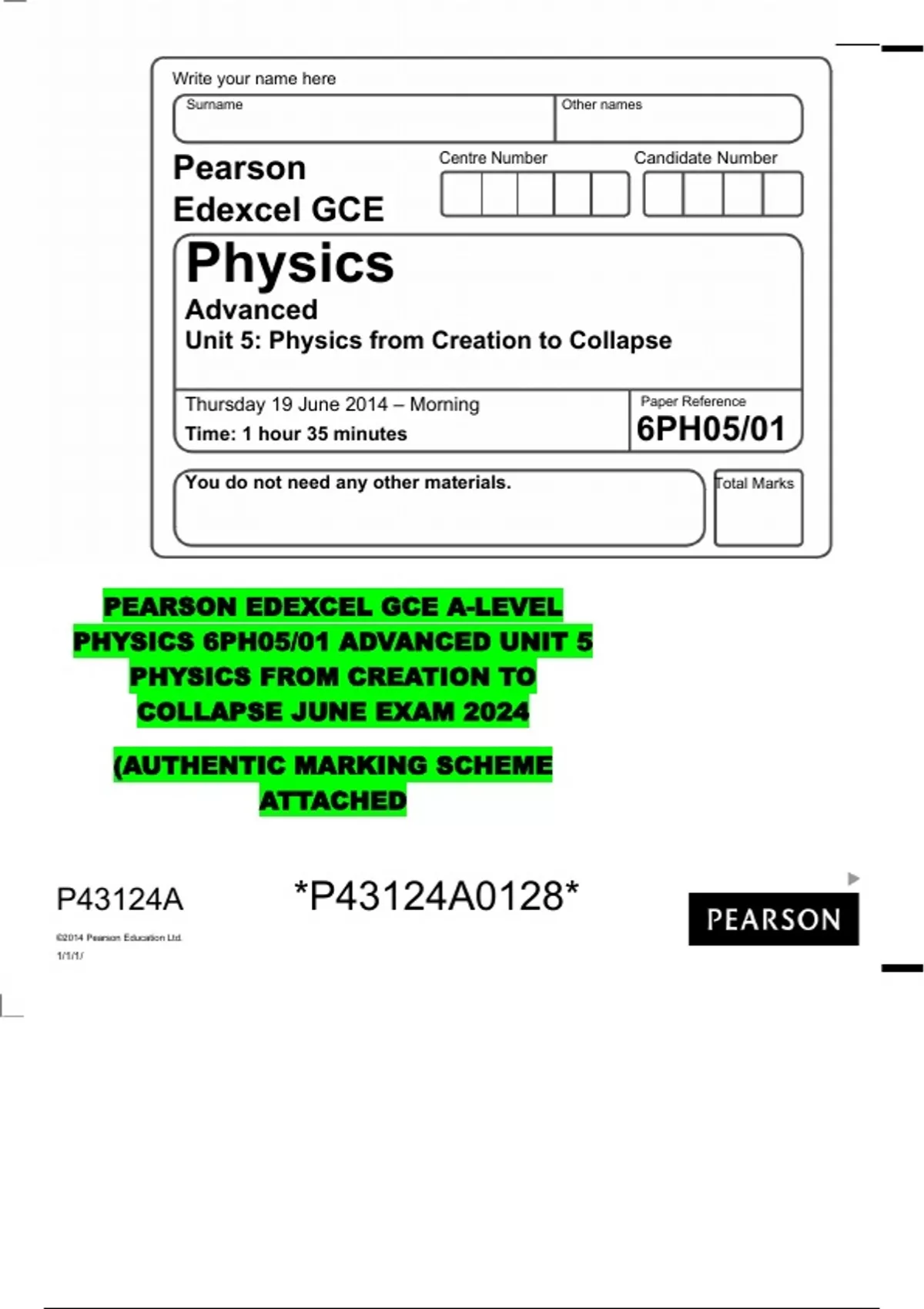 PEARSON EDEXCEL GCE A-LEVEL PHYSICS 6PH05/01 ADVANCED UNIT 5 PHYSICS ...