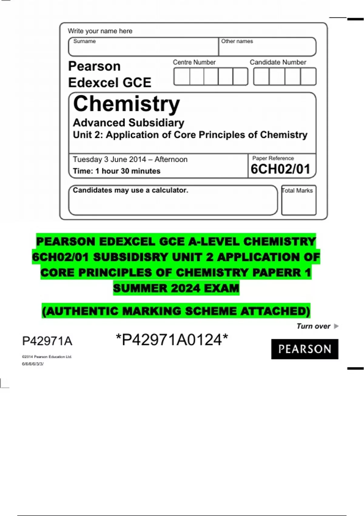 PEARSON EDEXCEL GCE A-LEVEL CHEMISTRY 6CH02/01 ADVANCED SUBSIDIARY UNIT ...