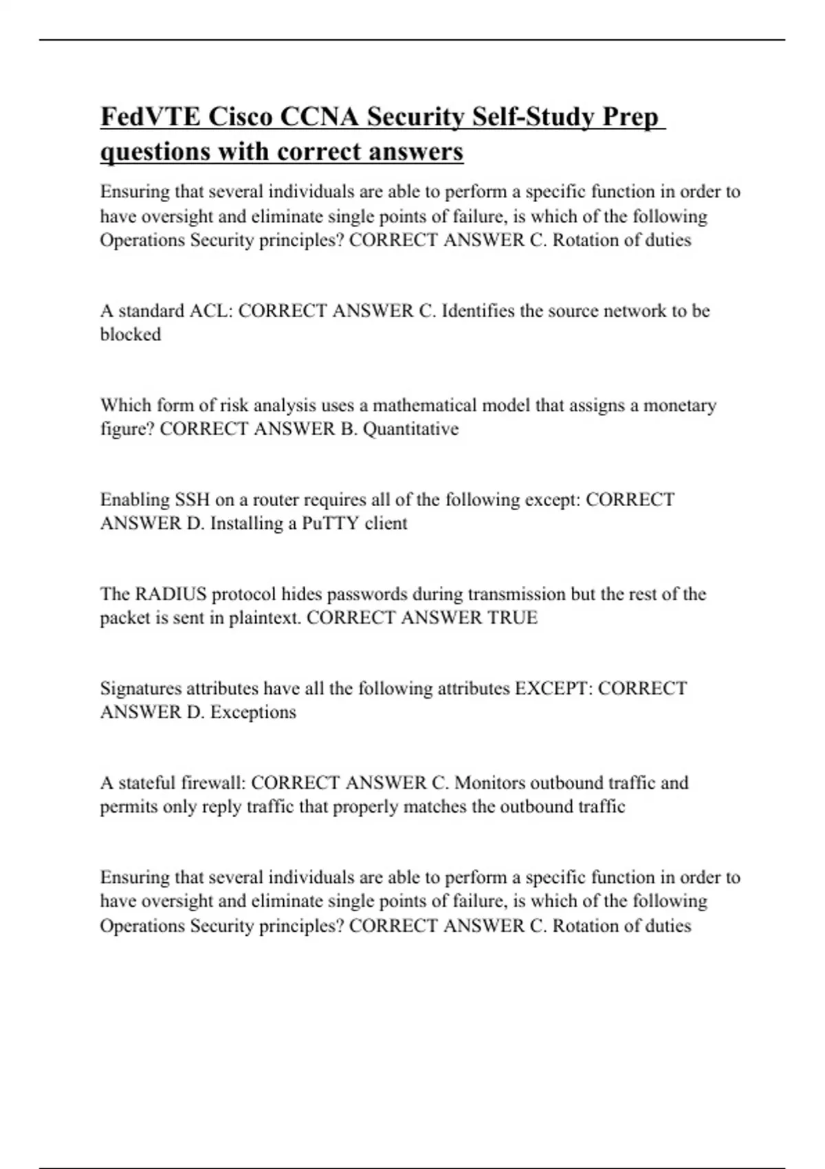 FedVTE Cisco CCNA Security Self-Study Prep questions with correct answers - CCNA - Cisco ...