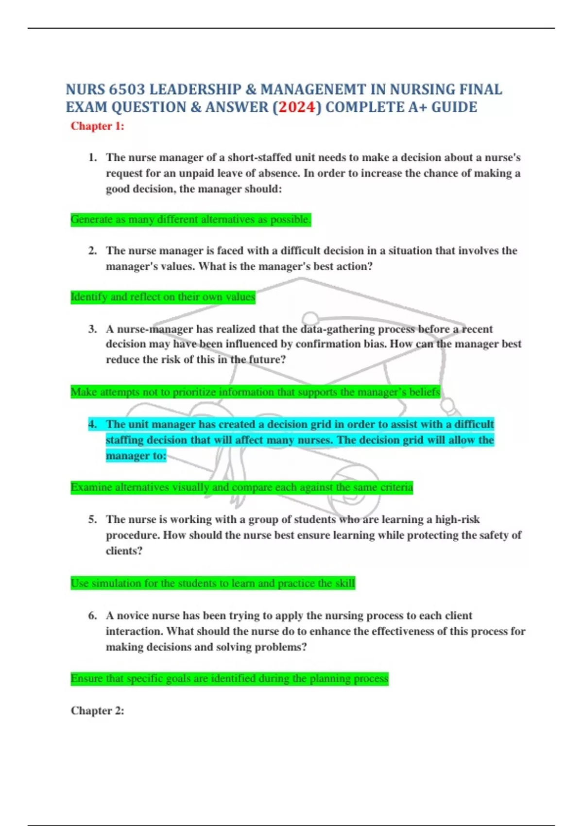 NURS 6503 LEADERSHIP & MANAGENEMT IN NURSING FINAL EXAM QUESTION & ANSWER (2024) COMPLETE A+ ...