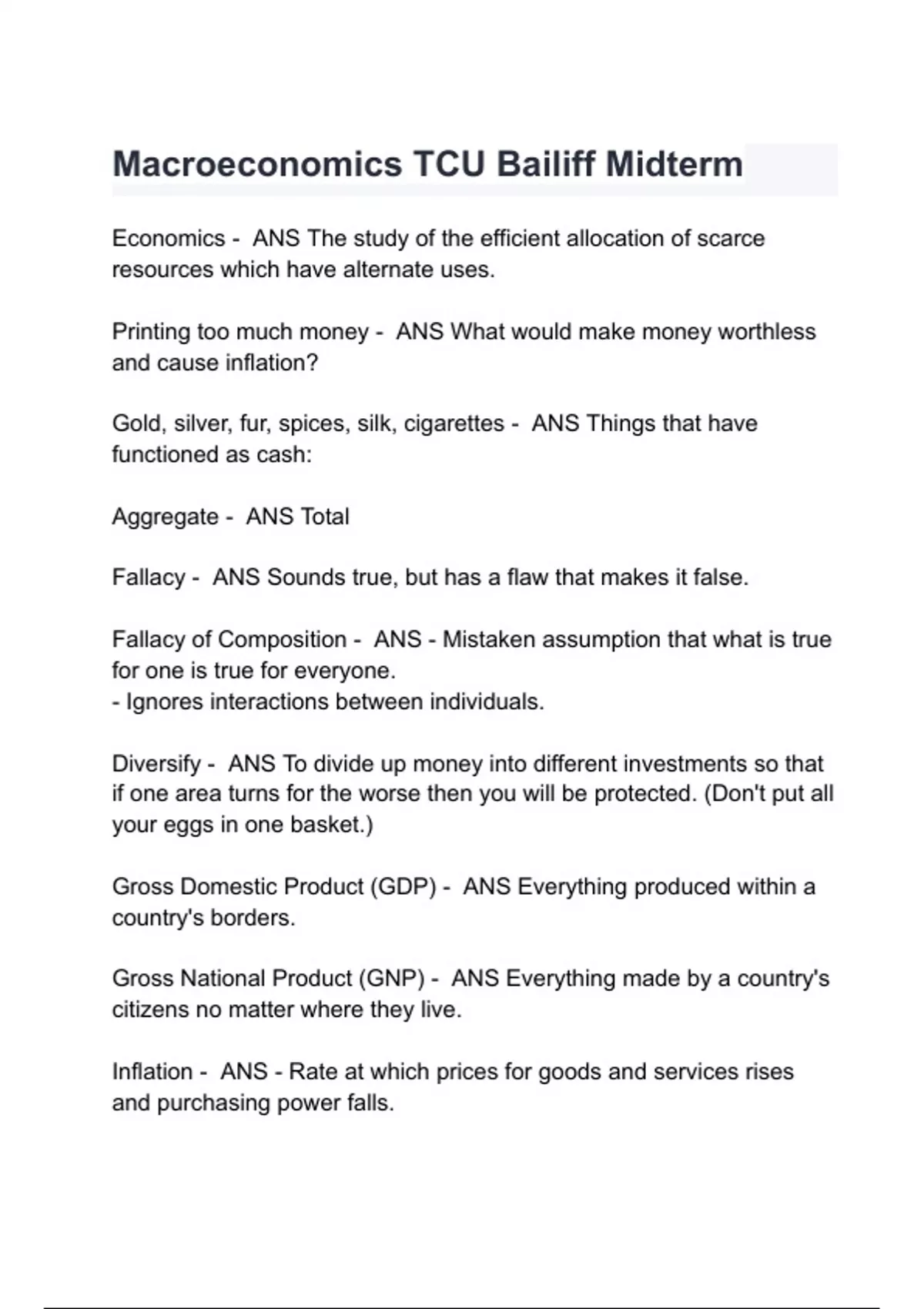 Macroeconomics TCU Bailiff Midterm Exam Questions with correct Answers ...