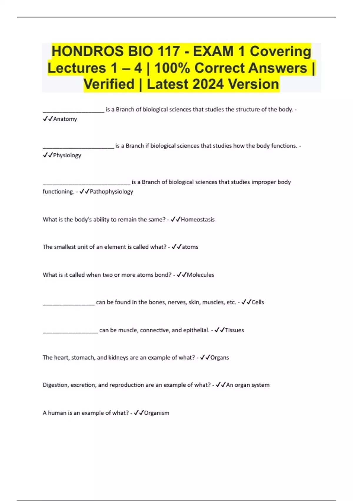 HONDROS BIO 117 - EXAM 1 Covering Lectures 1 – 4 | 100% Correct Answers ...