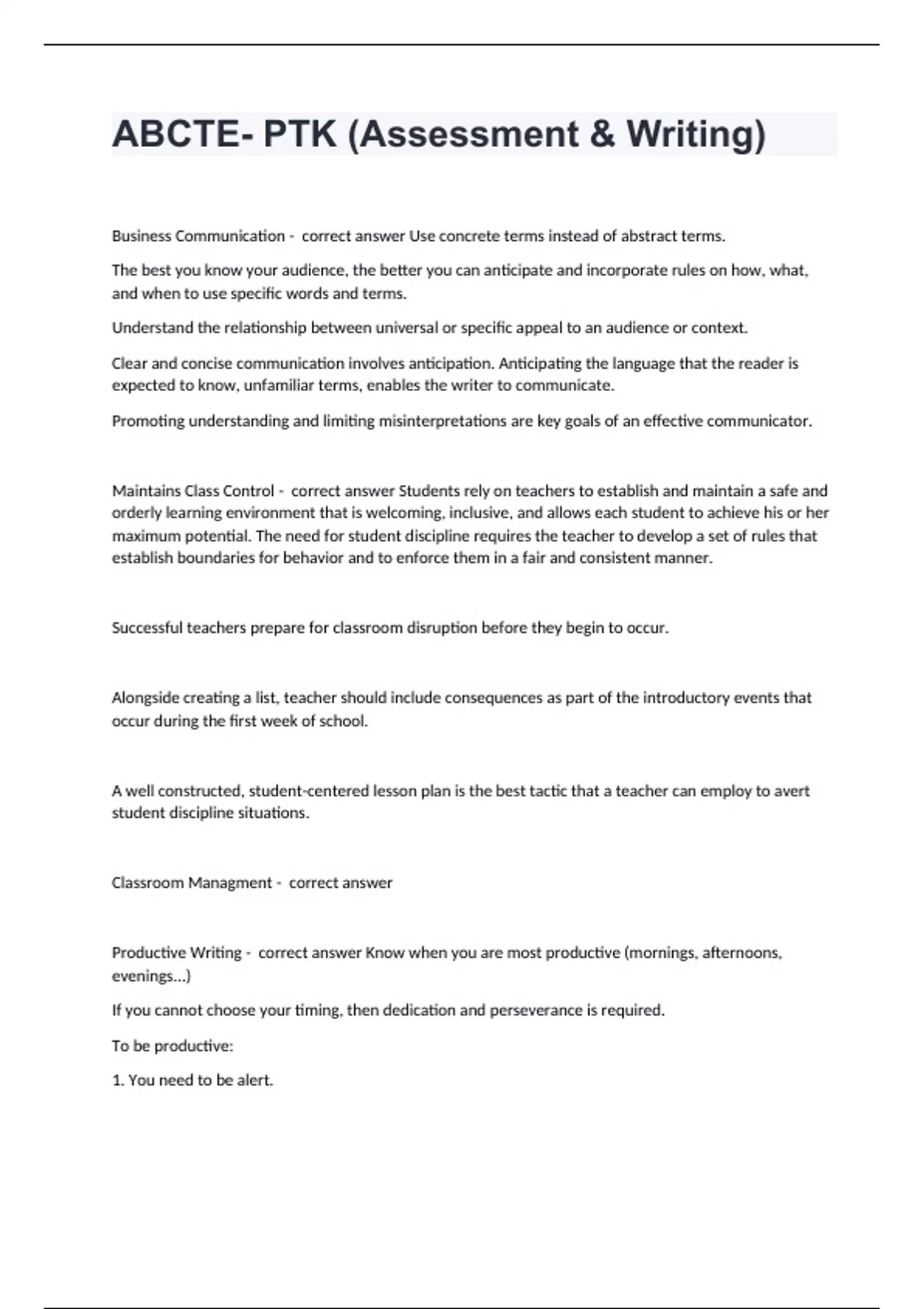 ABCTE- PTK (Assessment & Writing) correctly answered - ABCTE - Stuvia US