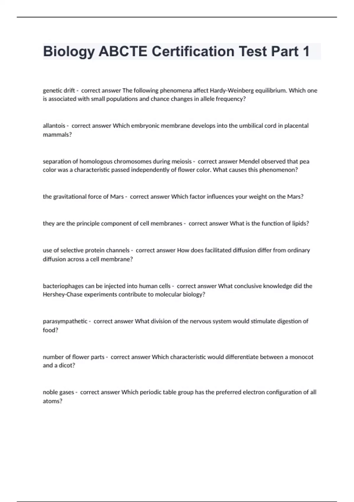 Biology ABCTE Certification Test Part 1 with 100% correct answers ...