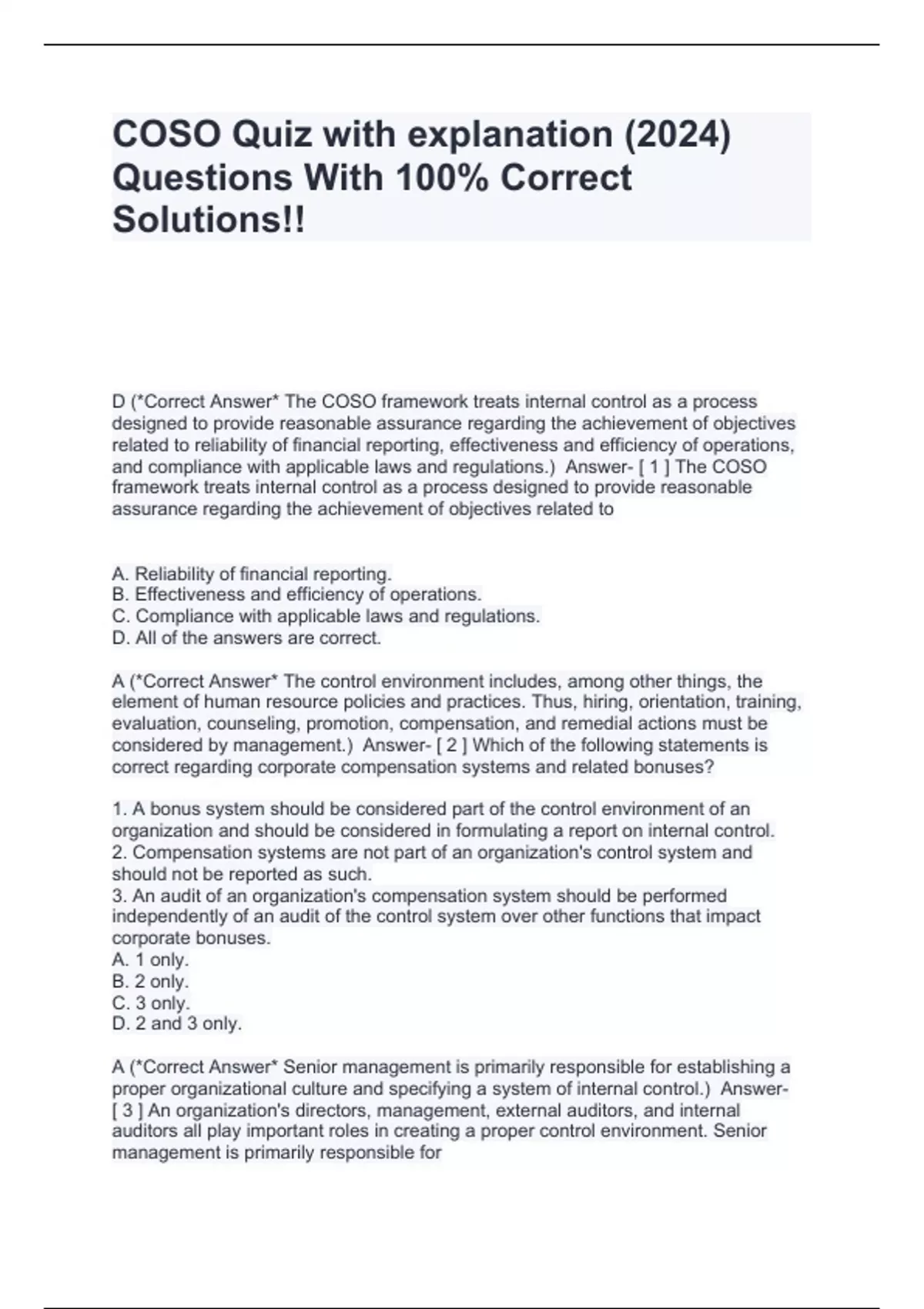 COSO Quiz with explanation (2024) Questions With 100% Correct Solutions ...