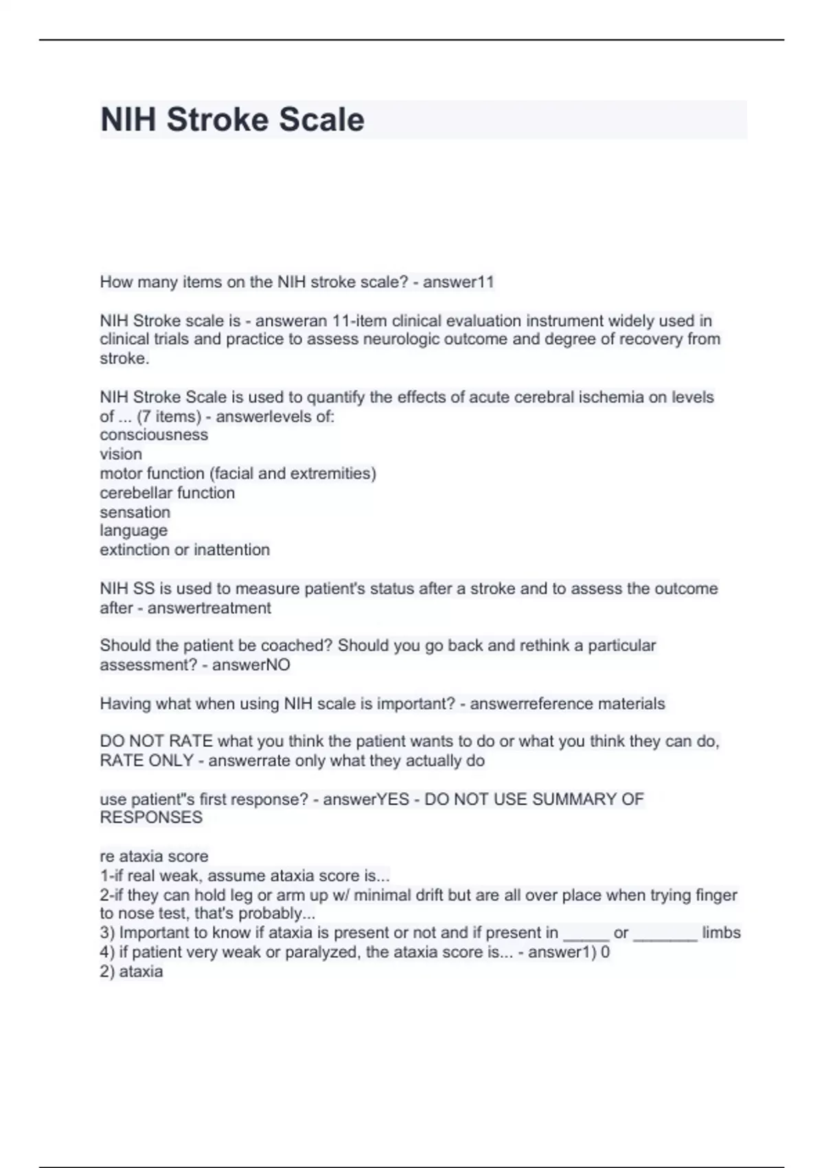 NIH Stroke Scale Questions and Answers 2024 - NIH Stroke Scale - Stuvia US