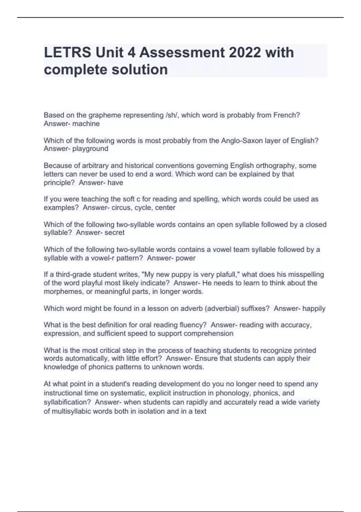 LETRS Unit 4 Assessment 2024 with complete solution - Nursing - Stuvia US