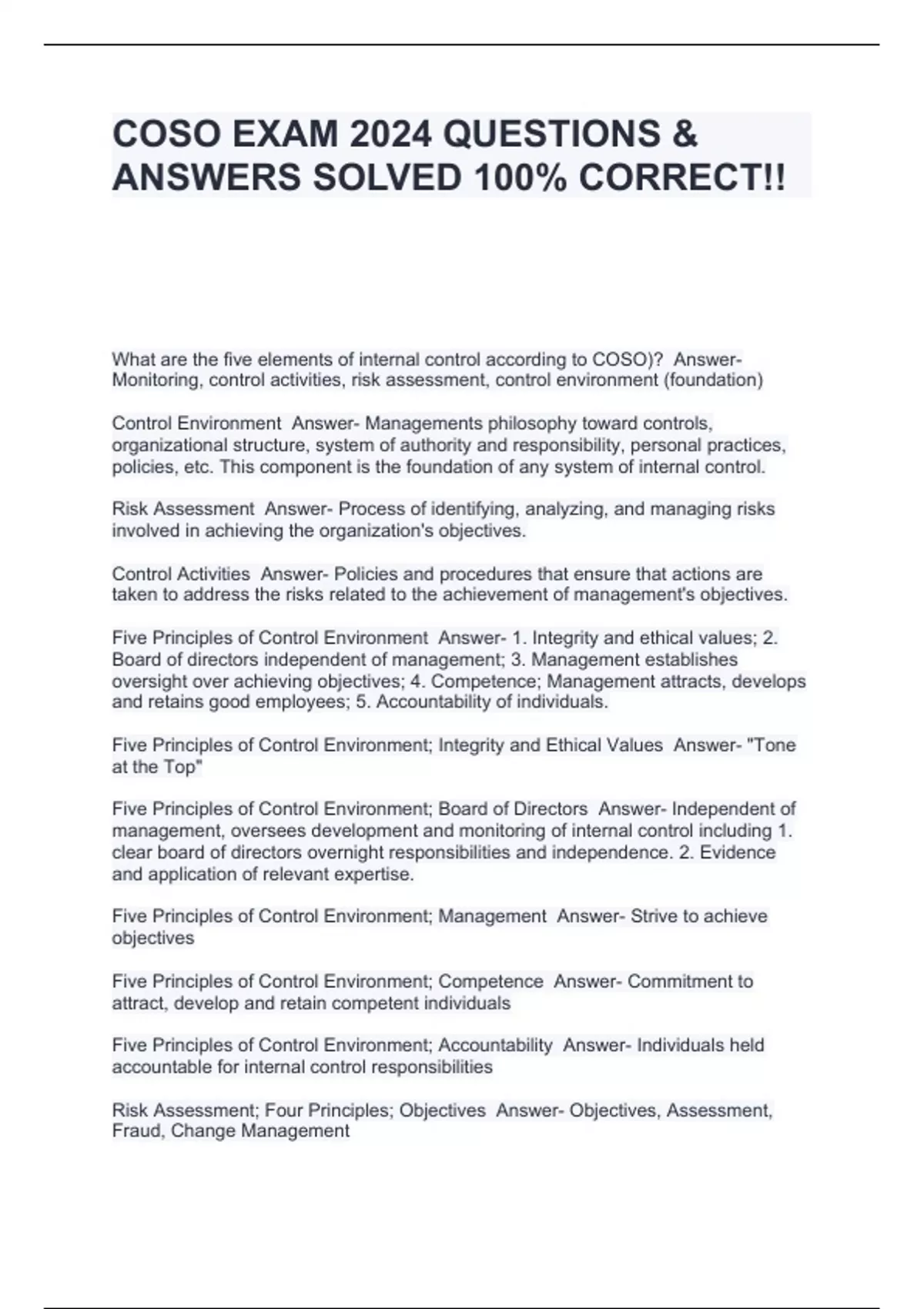 COSO EXAM 2024 QUESTIONS & ANSWERS SOLVED 100% CORRECT!! - COSO - Stuvia US