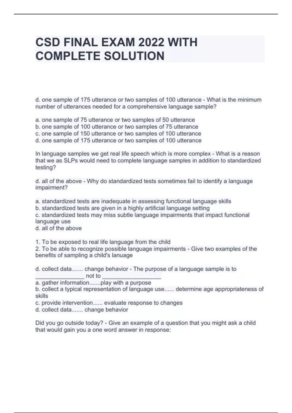 CSD FINAL EXAM 2024 WITH COMPLETE SOLUTION - Nursing - Stuvia US