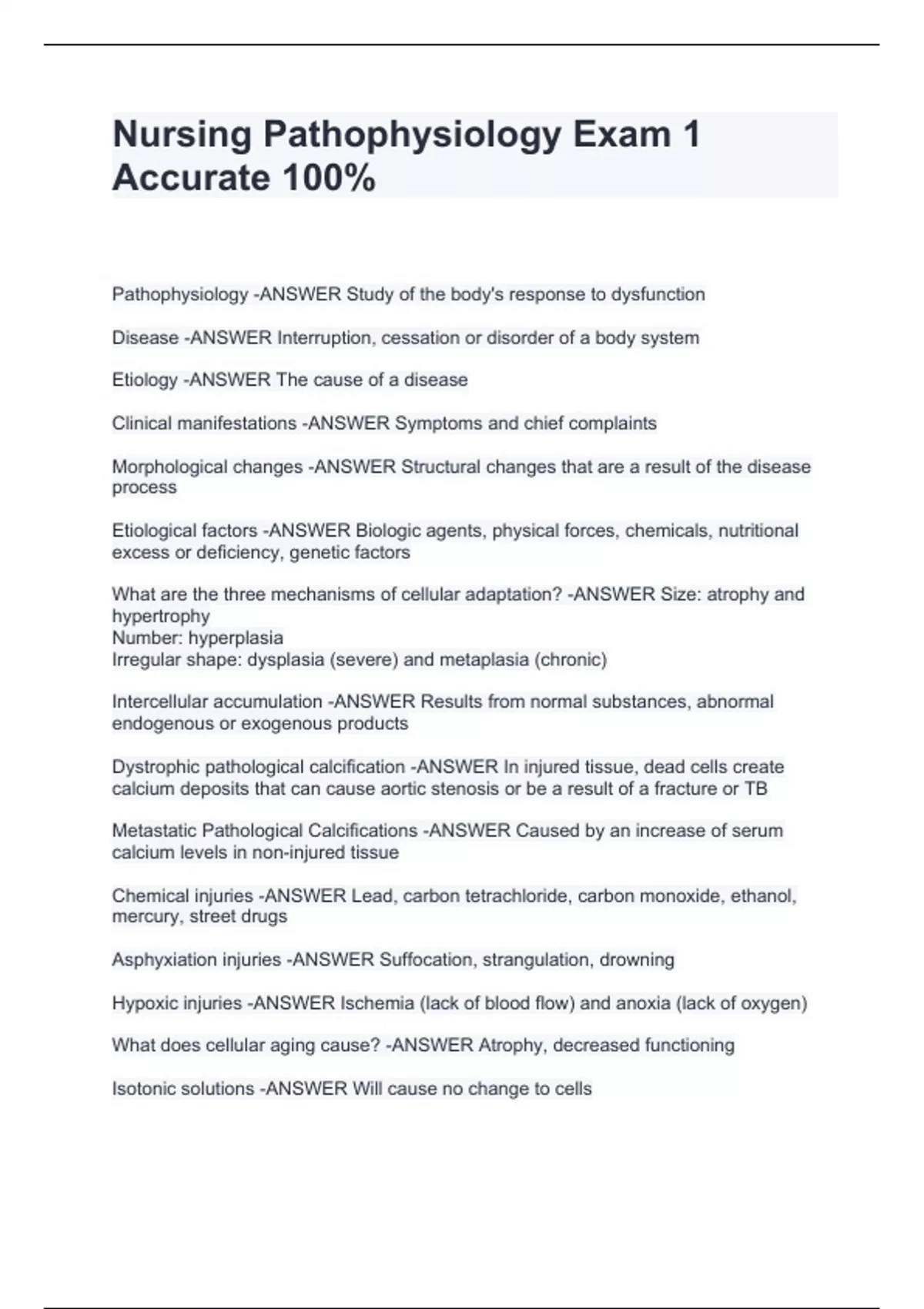 Nursing Pathophysiology Exam 1 Accurate 100% - Nursing Pathophysiology ...