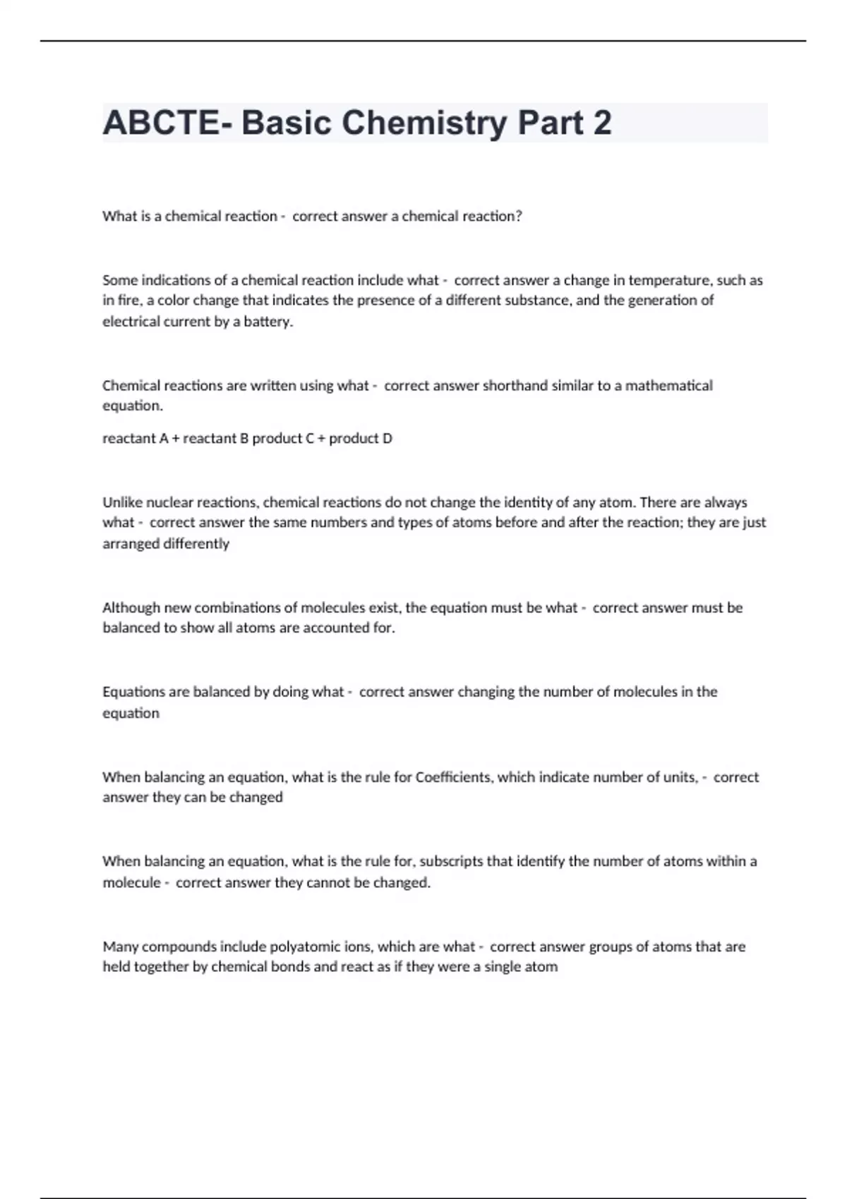 ABCTE- Basic Chemistry Part 2 questions and answers - ABCTE - Stuvia US