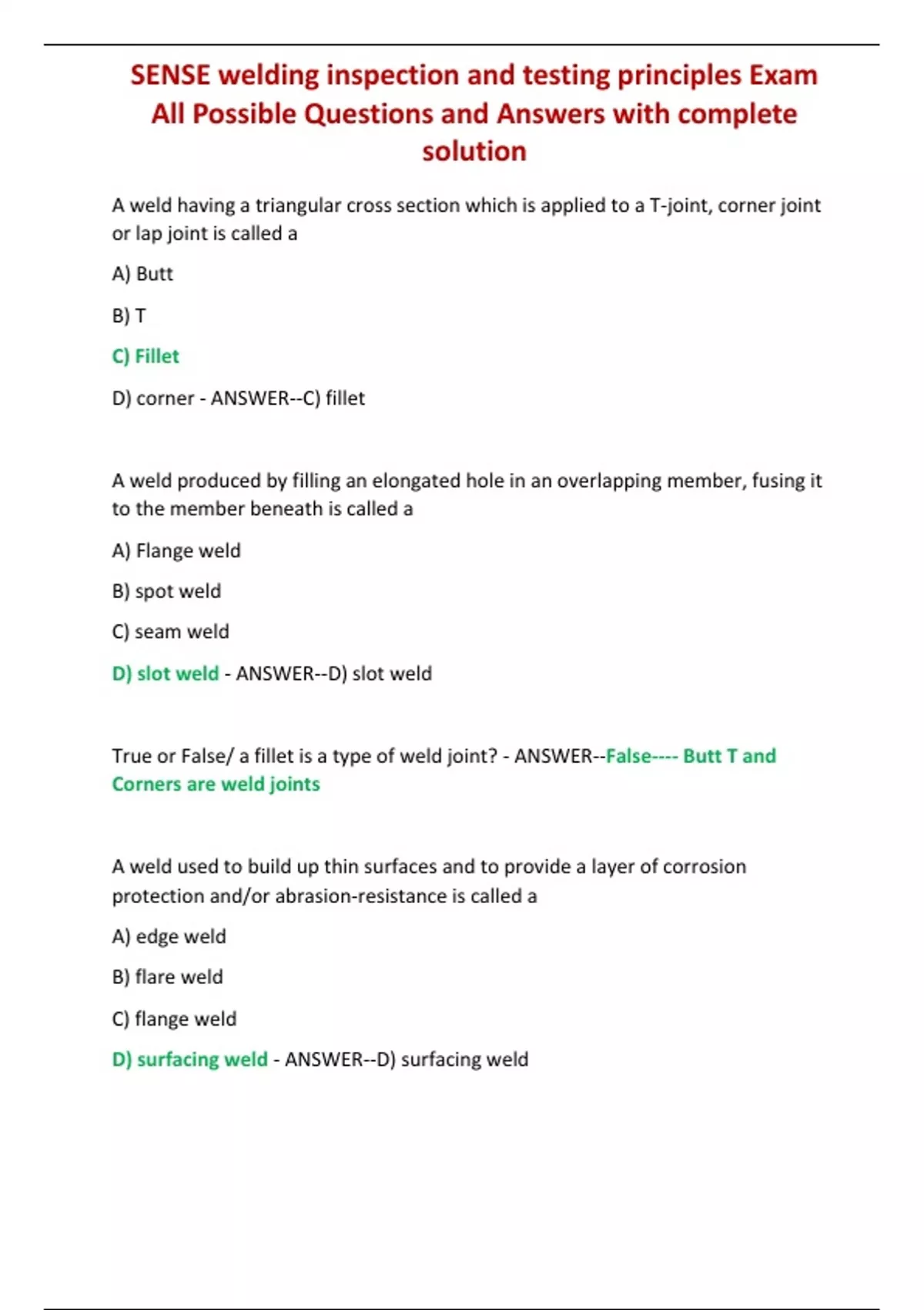 SENSE welding inspection and testing principles Exam All Possible ...