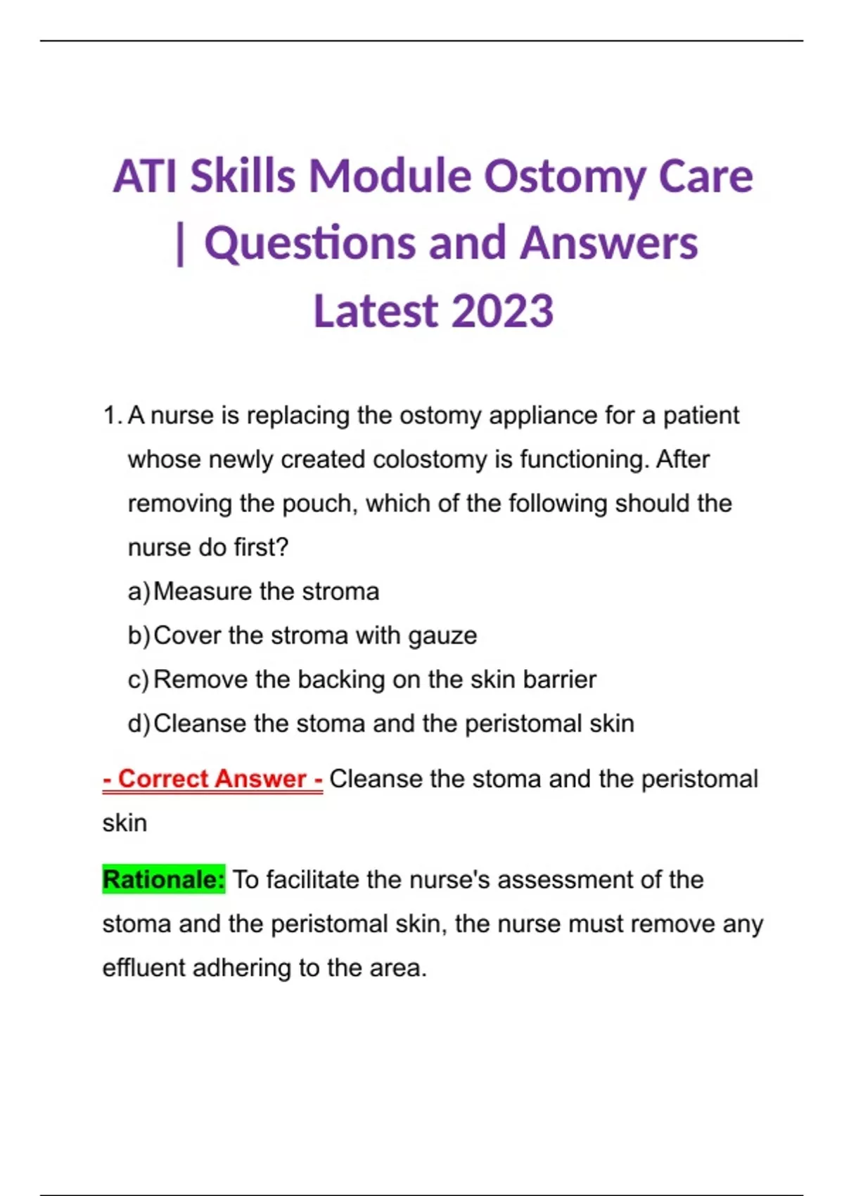 ATI Skills Module Ostomy Care | Questions and Answers Latest 2023 ...