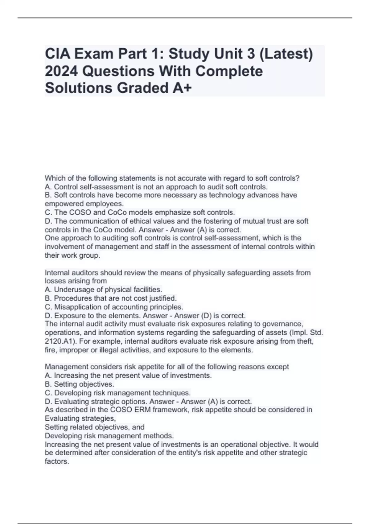 CIA Exam Part 1: Study Unit 3 (Latest) 2024 Questions With Complete ...