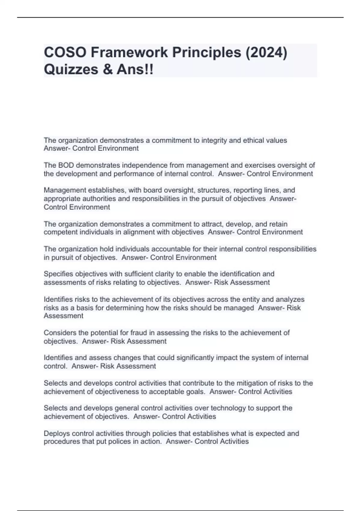 COSO Framework Principles (2024) Quizzes & Ans!! - COSO - Stuvia US