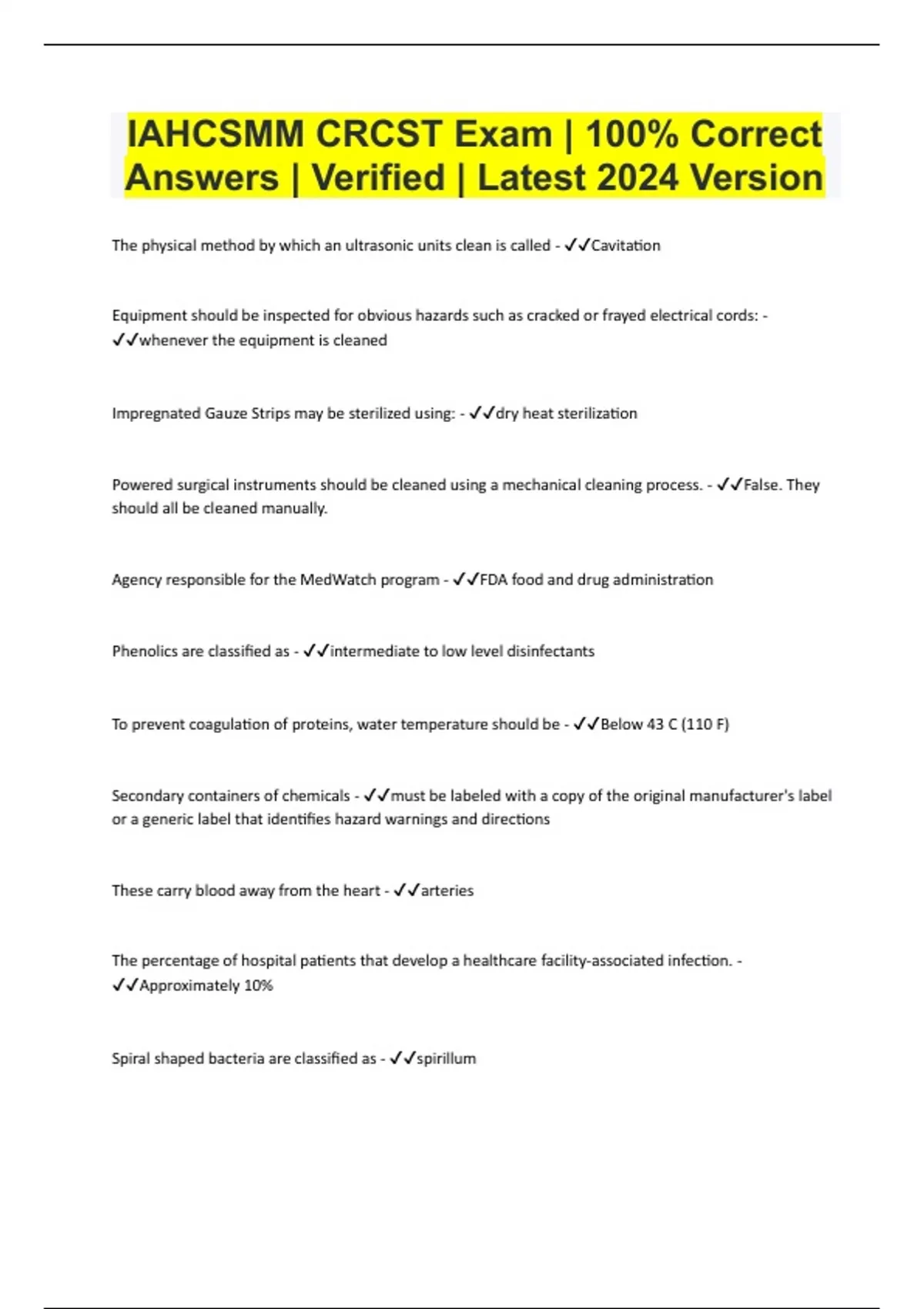 IAHCSMM CRCST Exam | 100% Correct Answers | Verified | Latest 2024 ...