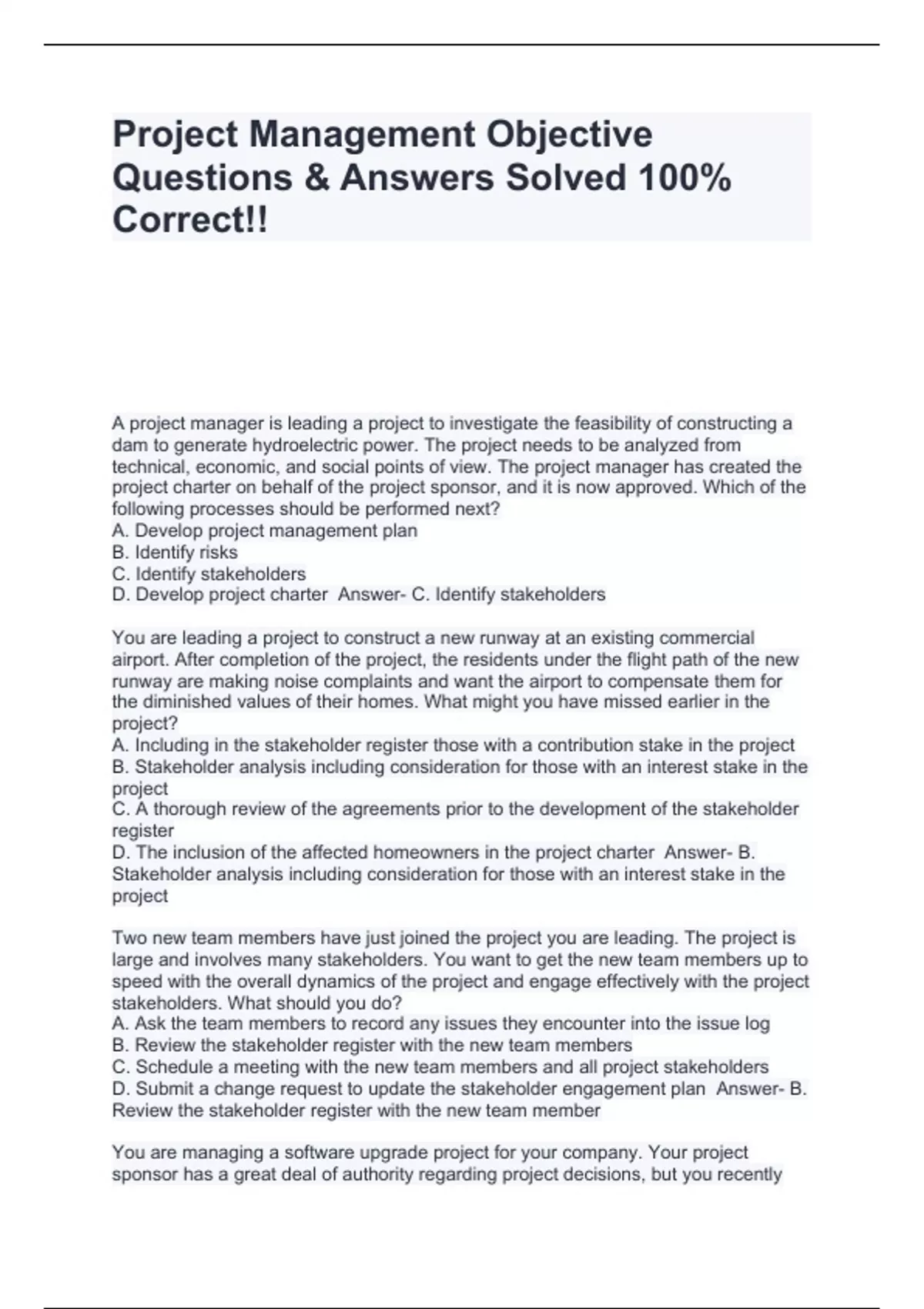 Project Management Objective Questions & Answers Solved 100% Correct!! - Project Management ...