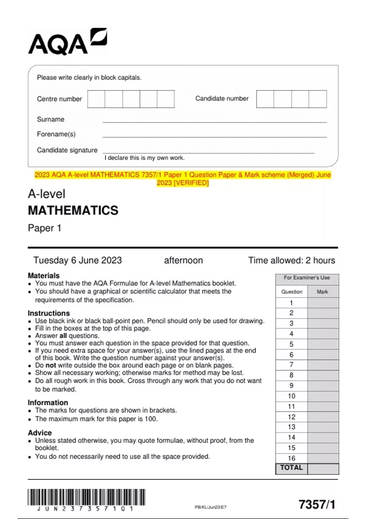 GCE Further Mathematics A Y545/01: Additional Pure Mathematics A Level ...