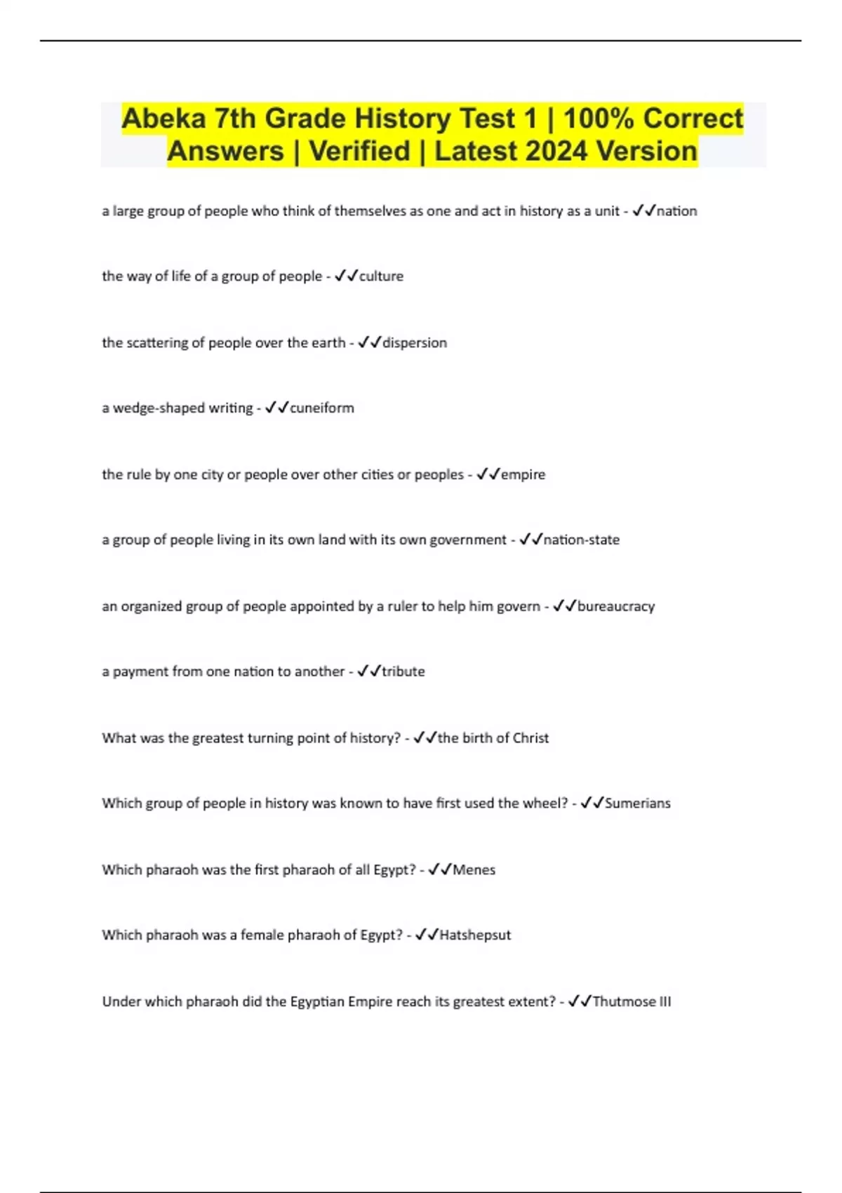 Abeka 7th Grade History Test 1 | 100% Correct Answers | Verified ...