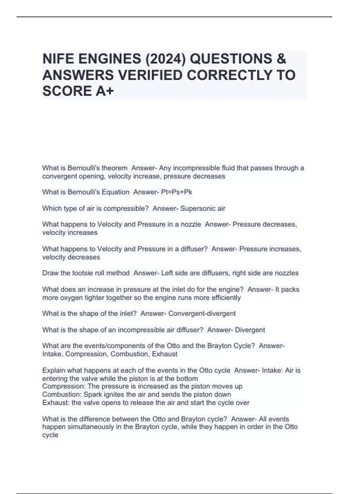 NIFE ENGINES (2024) QUESTIONS & ANSWERS VERIFIED CORRECTLY TO SCORE A+ - NIFE - Stuvia US