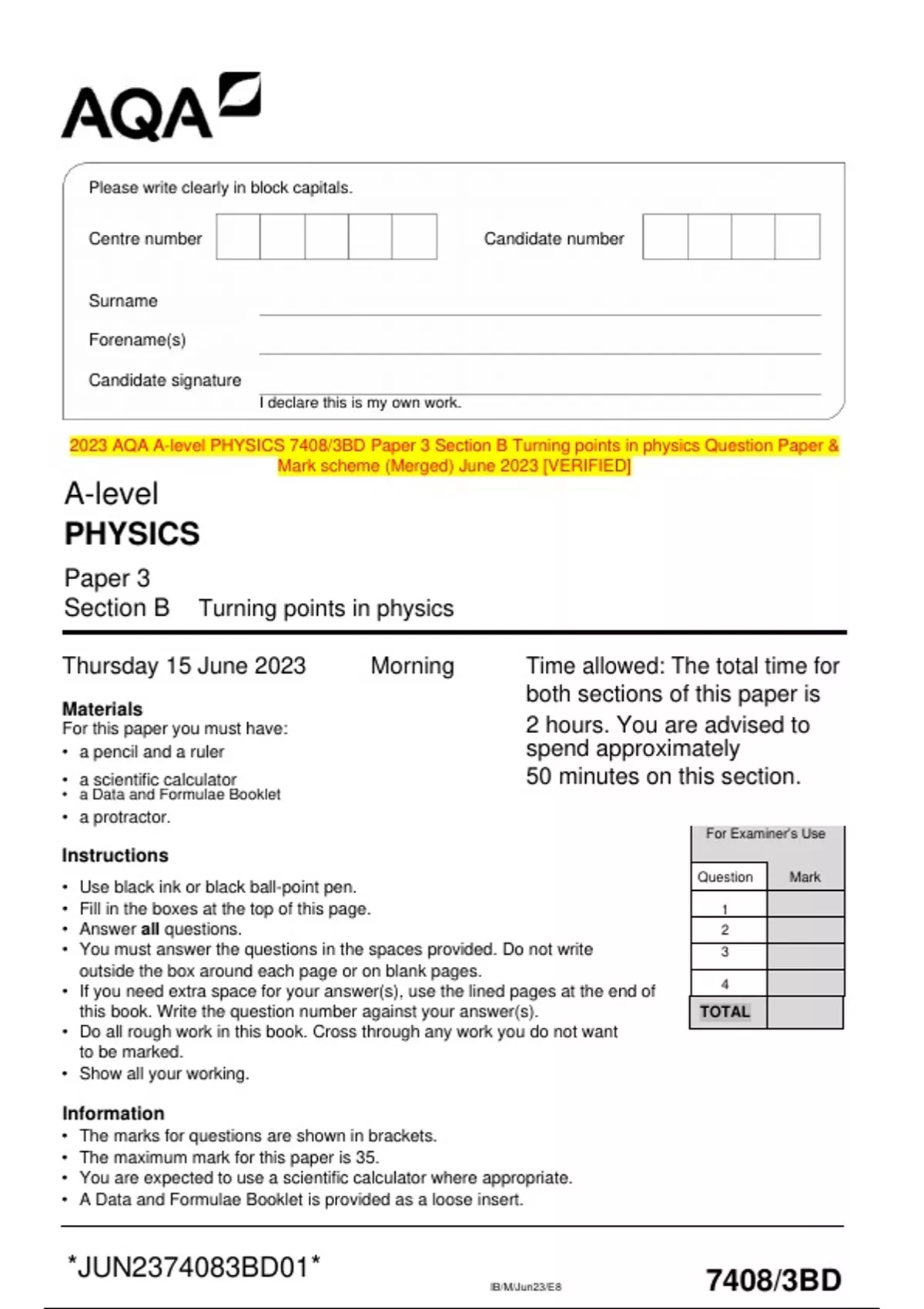 GCE Further Mathematics B MEI Y421/01: Mechanics major A Level Question ...
