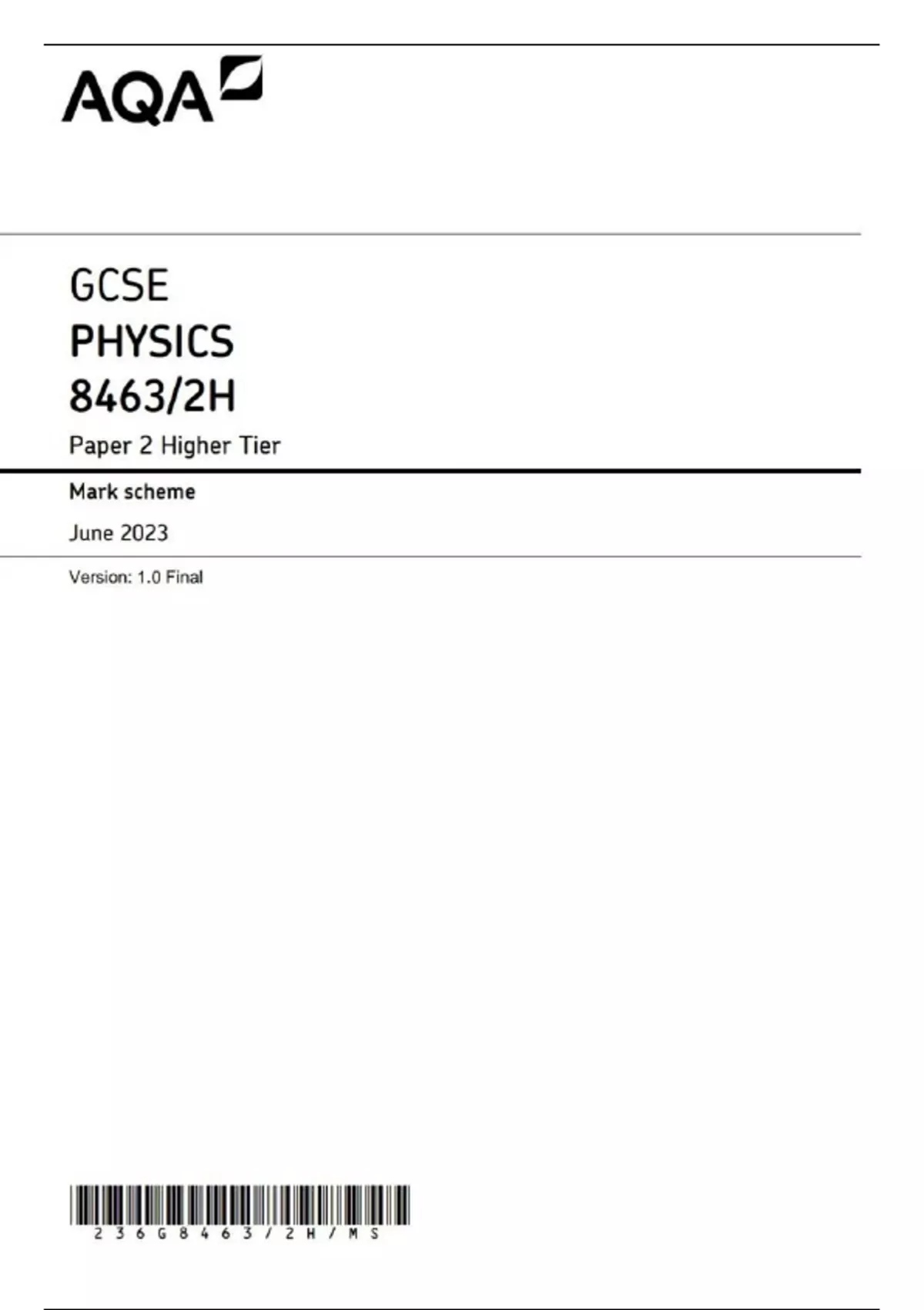 GCSE AQA May 2023 Higher Triple Science Physics Paper 1 Mark Scheme ...