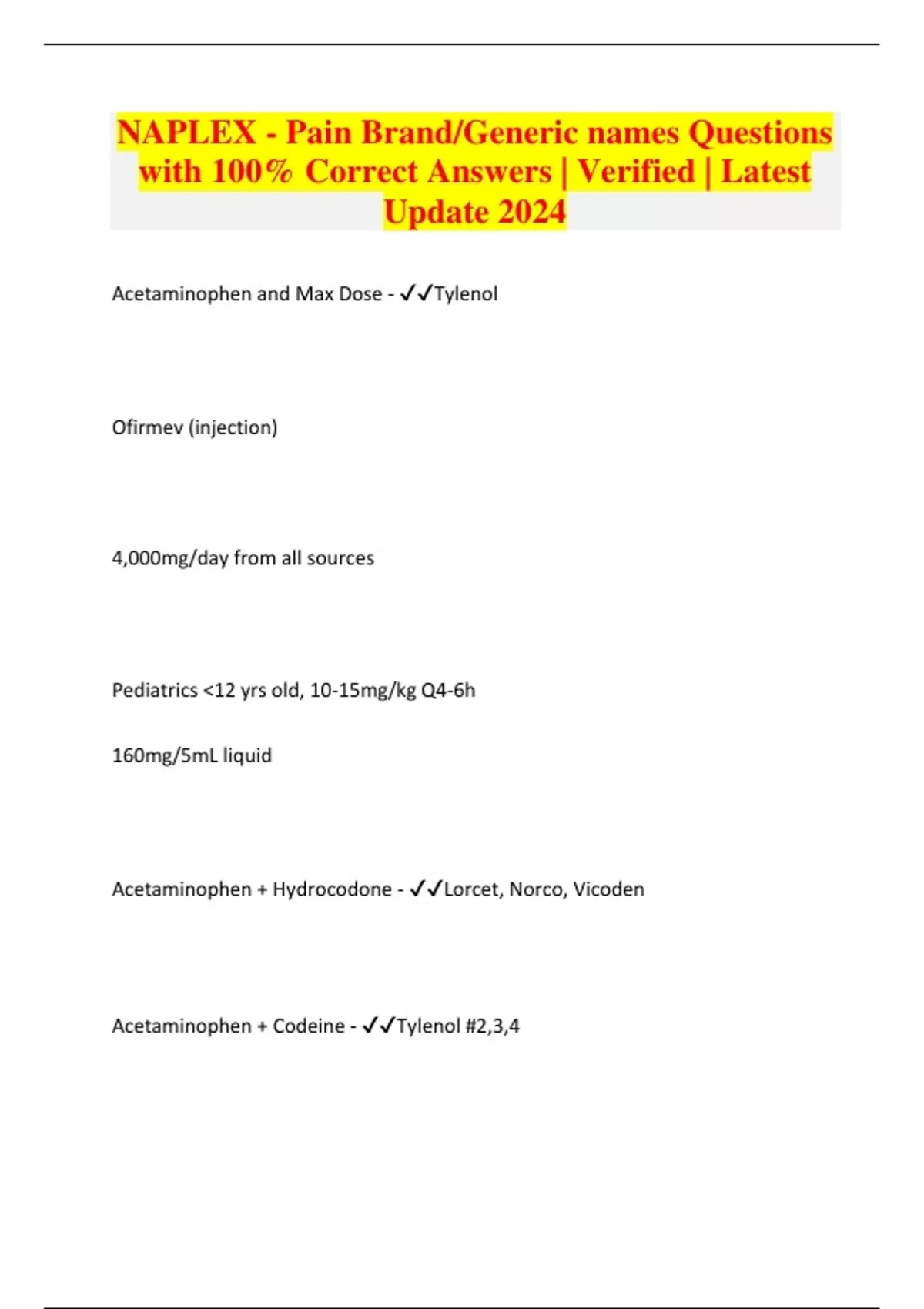 NAPLEX - Pain Brand/Generic names Questions with 100% Correct Answers ...