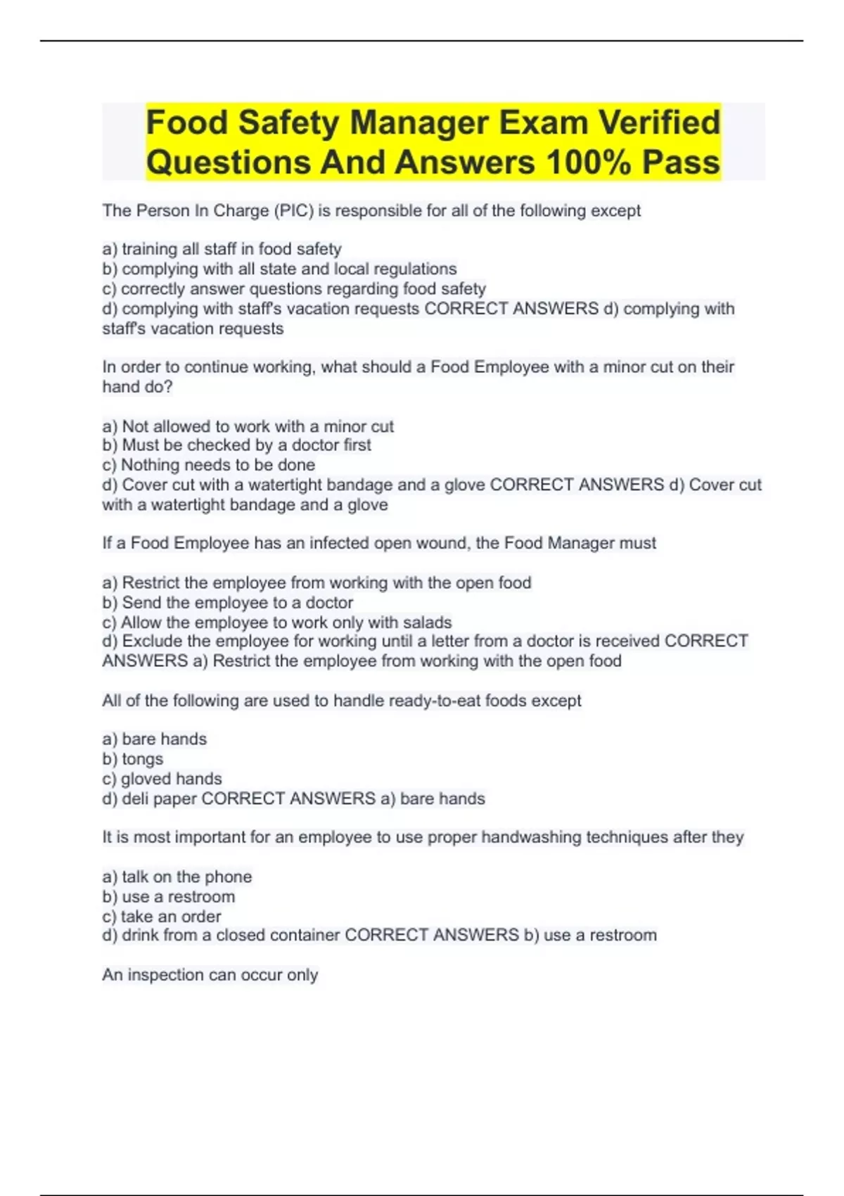 Food Safety Manager Exam Verified Questions And Answers 100 Pass AAA Food Safety Manager Exam Verified Questions And Answers 100 Pass AAA