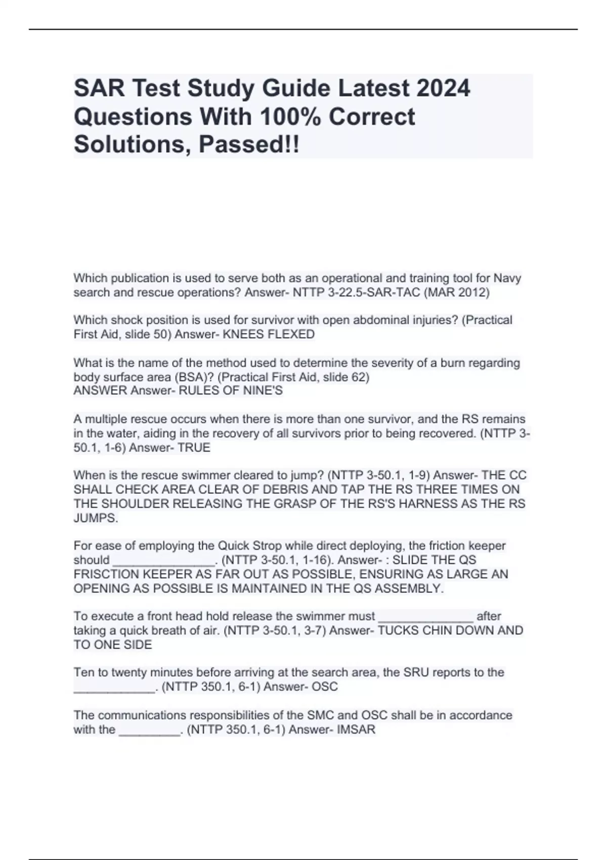 SAR Test Study Guide Latest 2024 Questions With 100% Correct Solutions ...