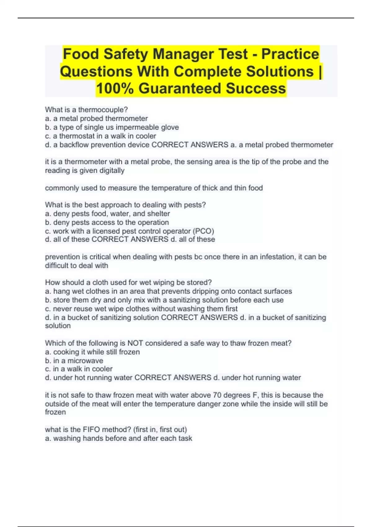 Food Safety Manager Test - Practice Questions With Complete Solutions ...