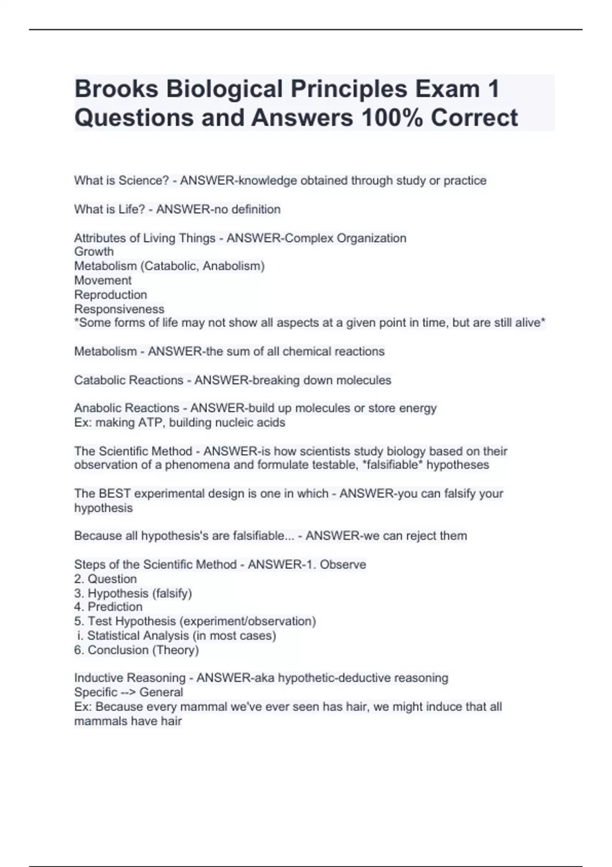 Brooks Biological Principles Exam 1 Questions and Answers 100% Correct ...