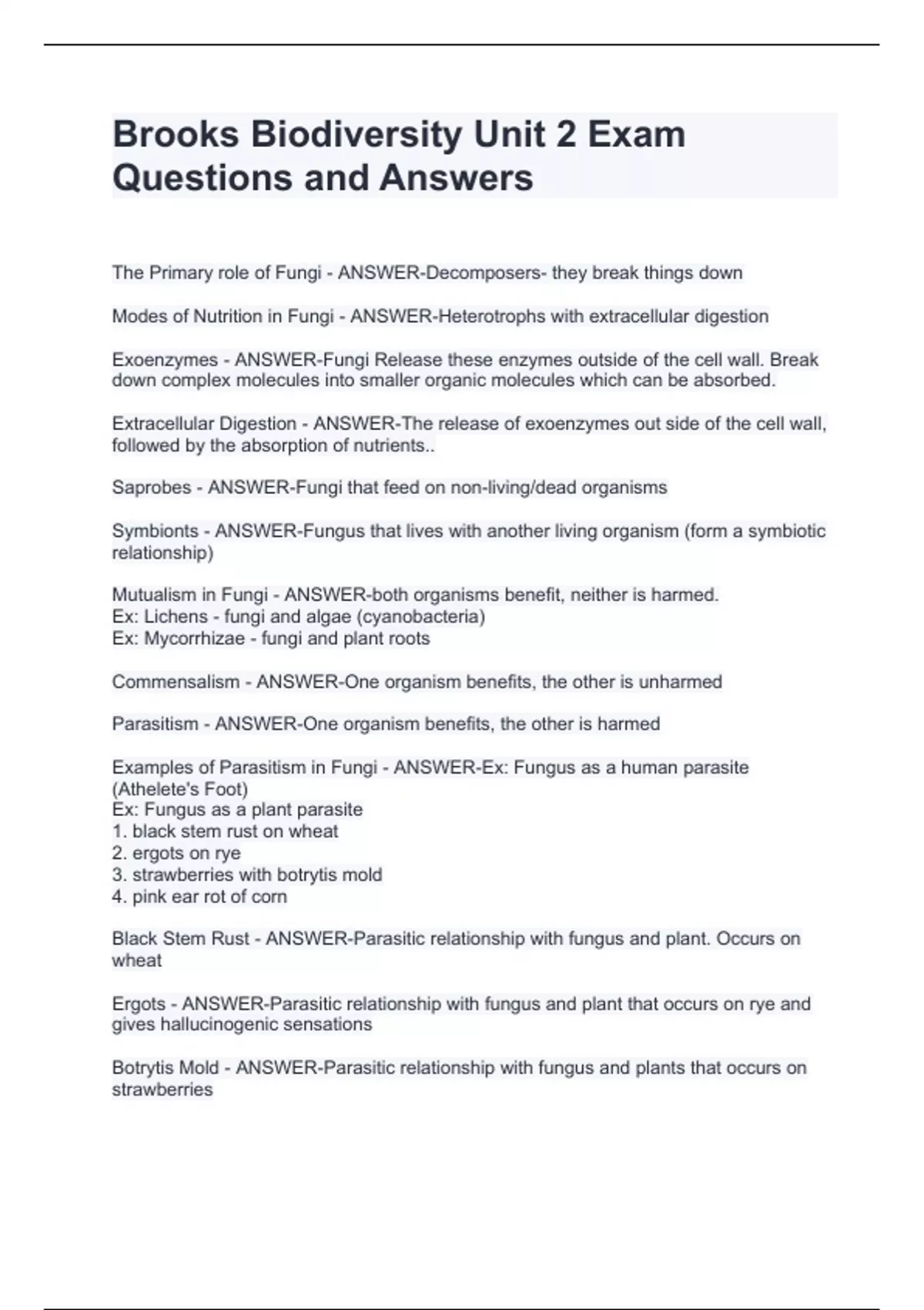 Brooks Biodiversity Unit 2 Exam Questions and Answers - Brooks ...