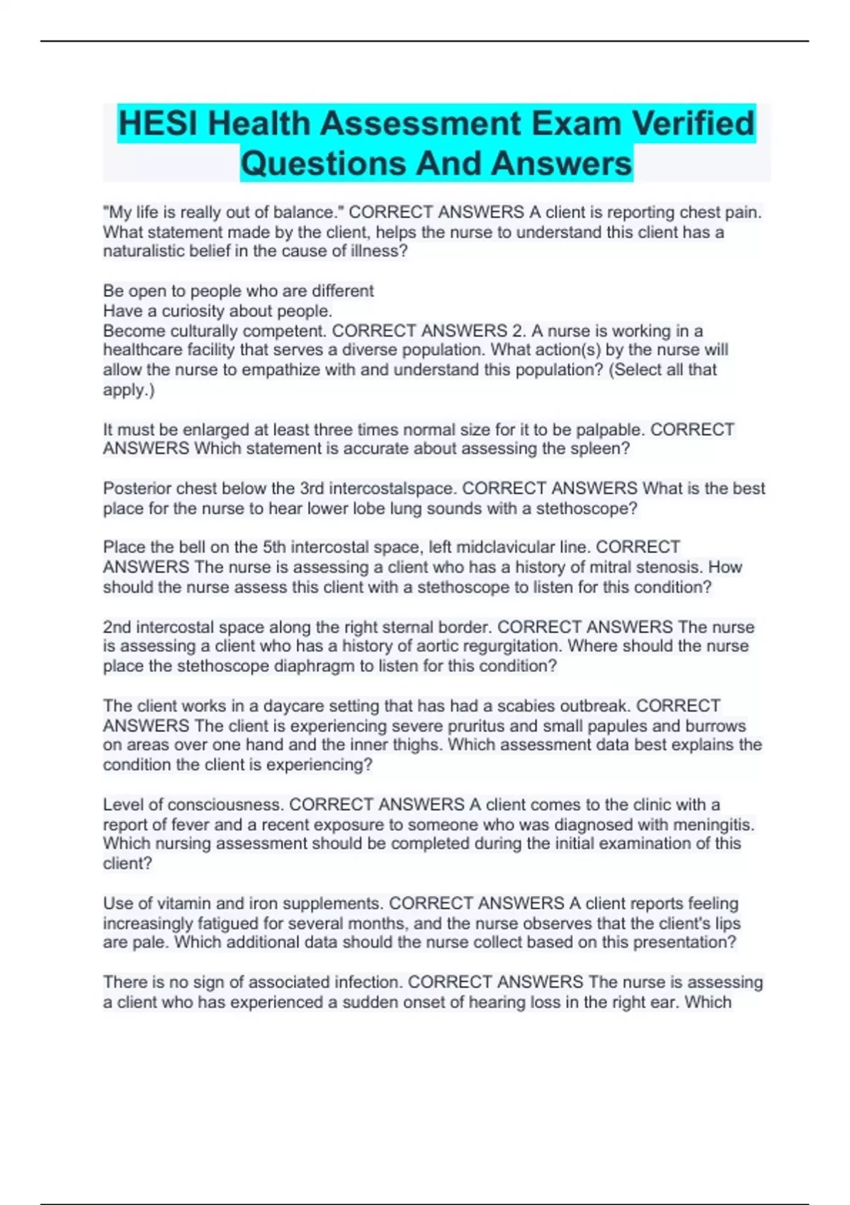 HESI Health Assessment Exam Verified Questions And Answers - HESI ...