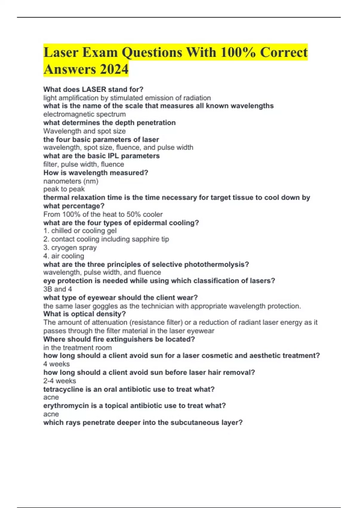 Laser Exam Questions With 100% Correct Answers 2024 - Electrolysis And ...