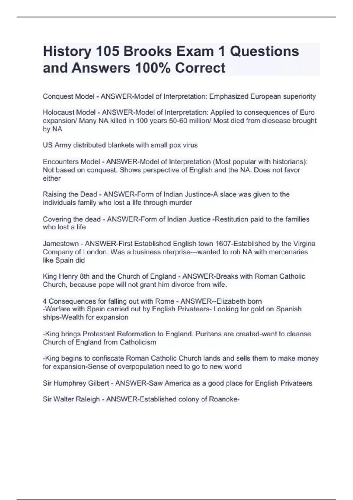 History 105 Brooks Exam 1 Questions and Answers 100% Correct - History ...