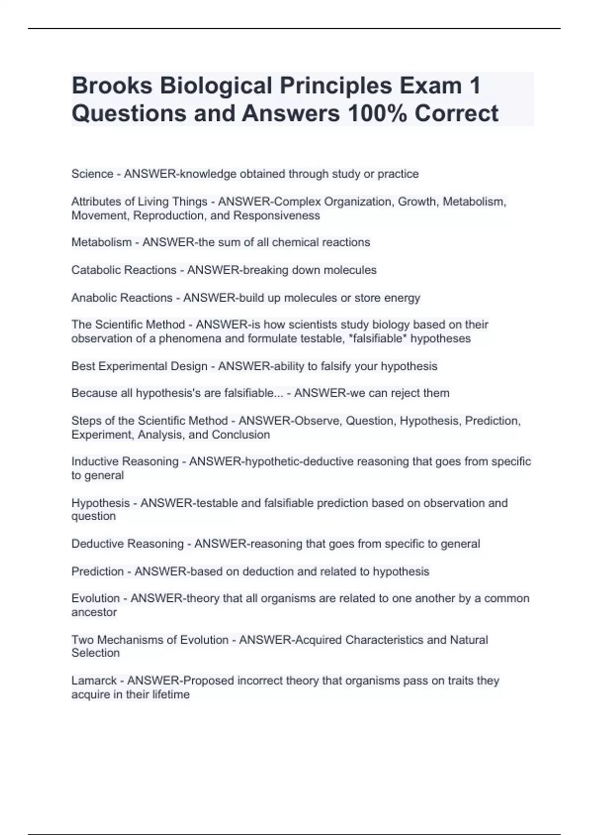 Brooks Biological Principles Exam 1 Questions and Answers 100% Correct ...