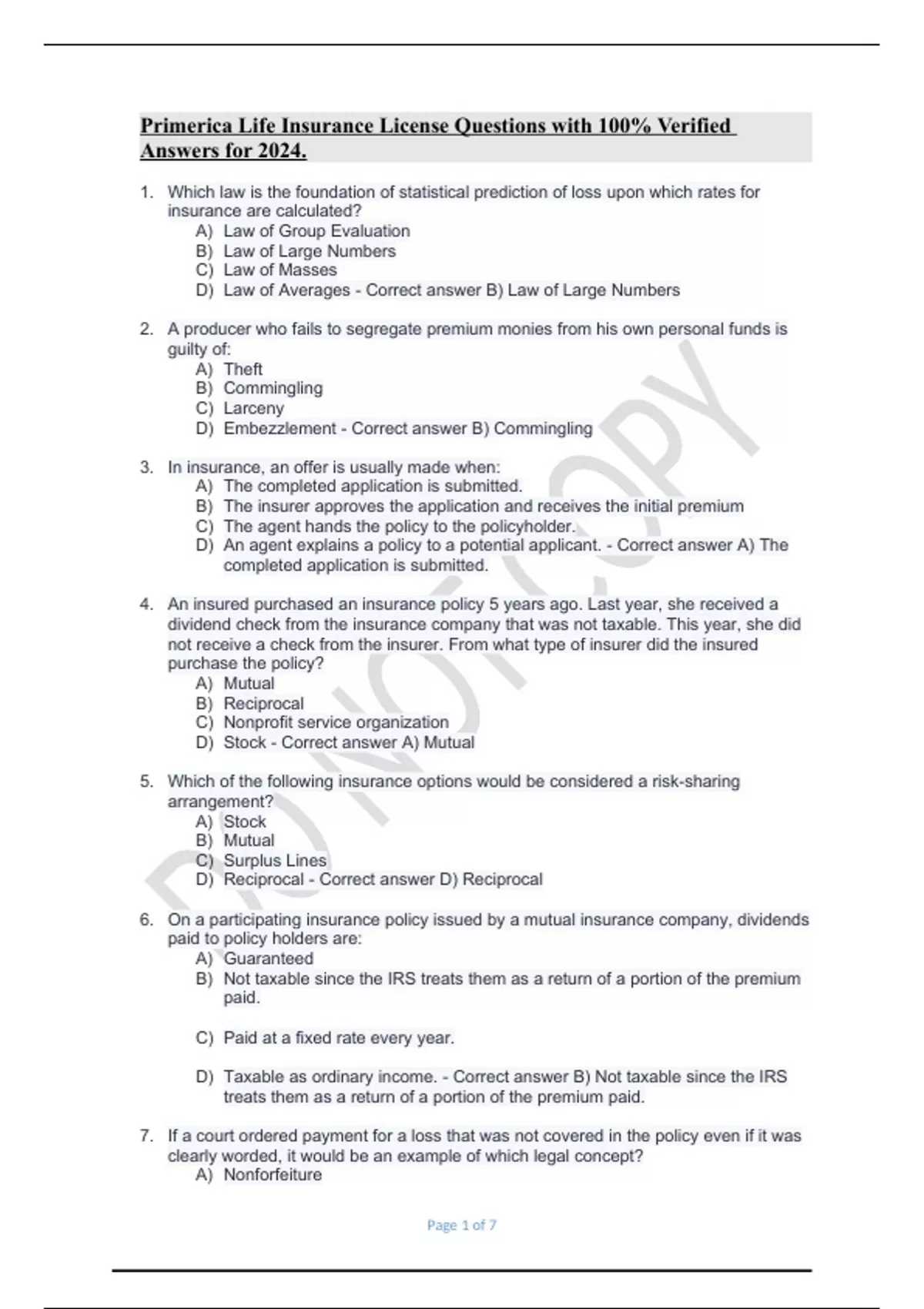 Primerica Life Insurance License Questions with 100% Verified Answers ...