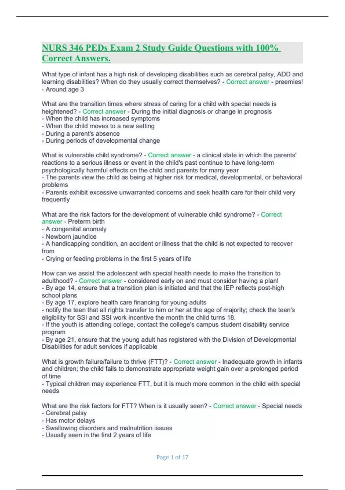 NURS 346 PEDs Exam 2 Study Guide Questions with 100% Correct Answers ...
