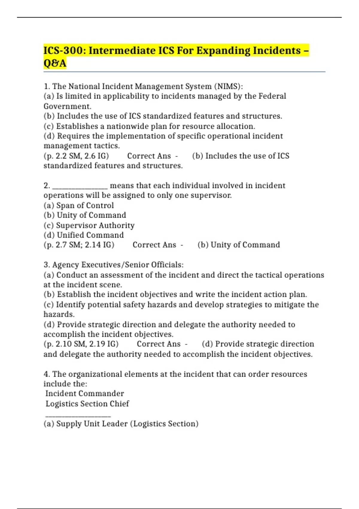 ICS 300 Intermediate ICS For Expanding Incidents Q A ICS 300