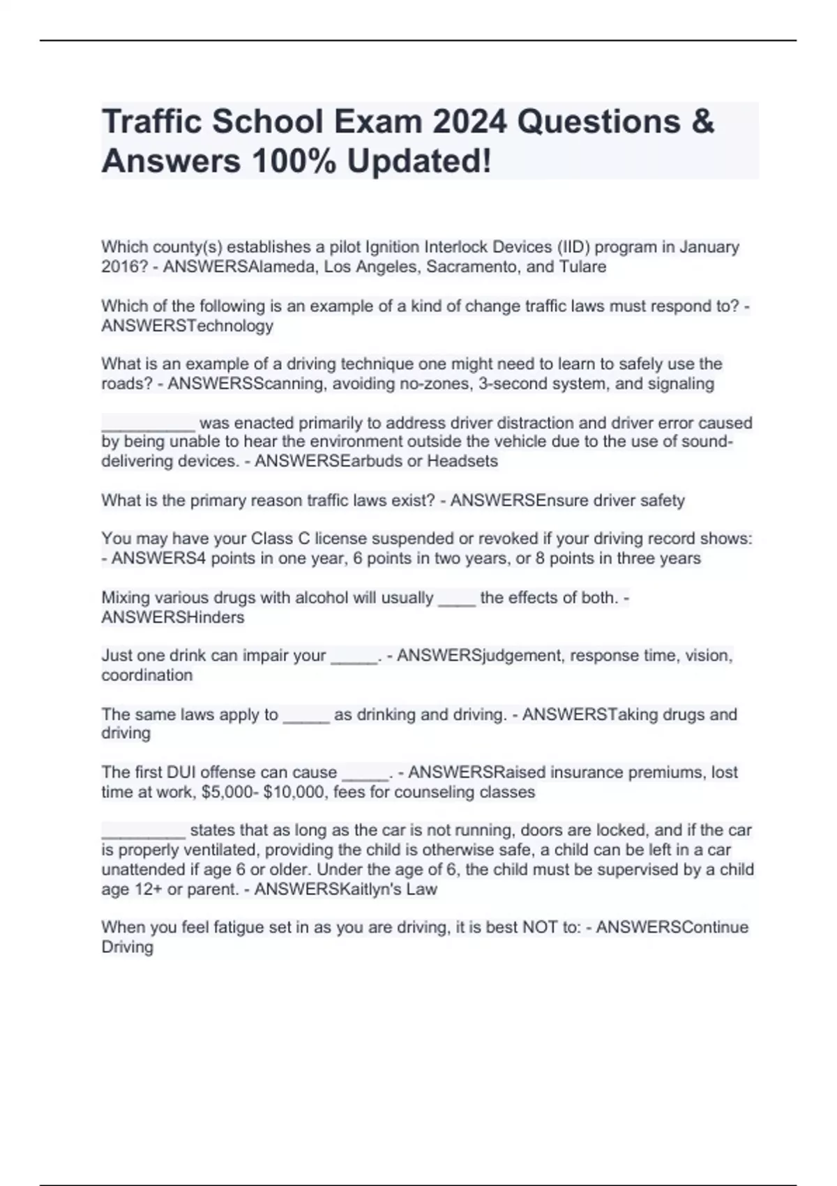 Traffic School Exam 2024 Questions & Answers 100% Updated! - Traffic ...