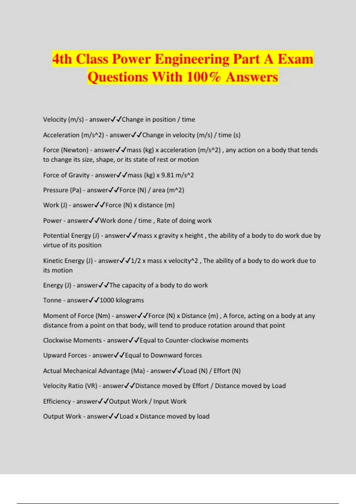4th Class Power Engineering Part A Exam Questions With 100% Answers ...