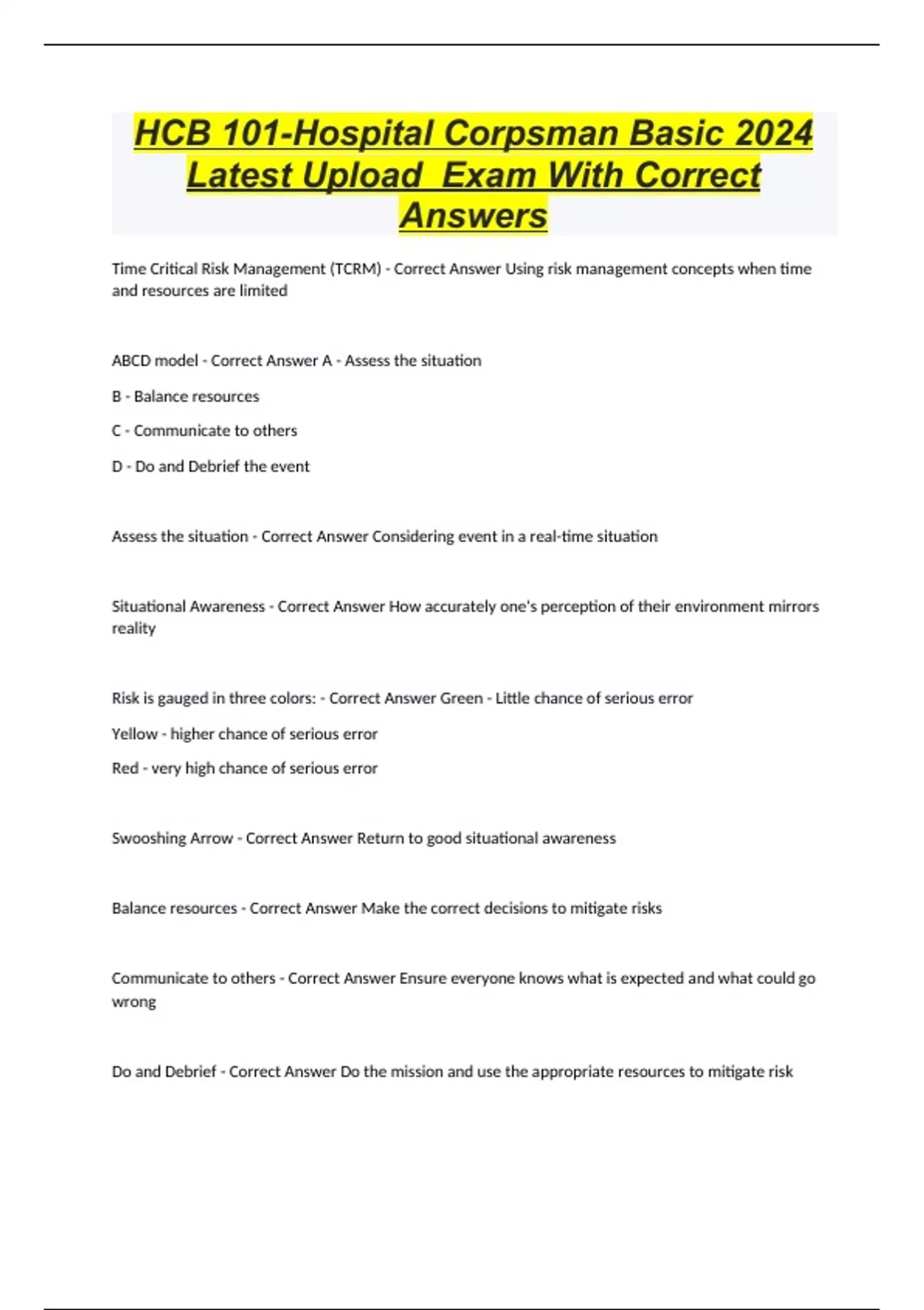 HCB 101-Hospital Corpsman Basic 2024 Latest Upload Exam With Correct ...