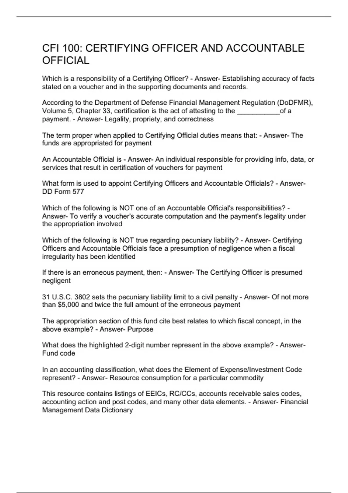 CFI 100: CERTIFYING OFFICER AND ACCOUNTABLE OFFICIAL - CFI 100 - Stuvia US