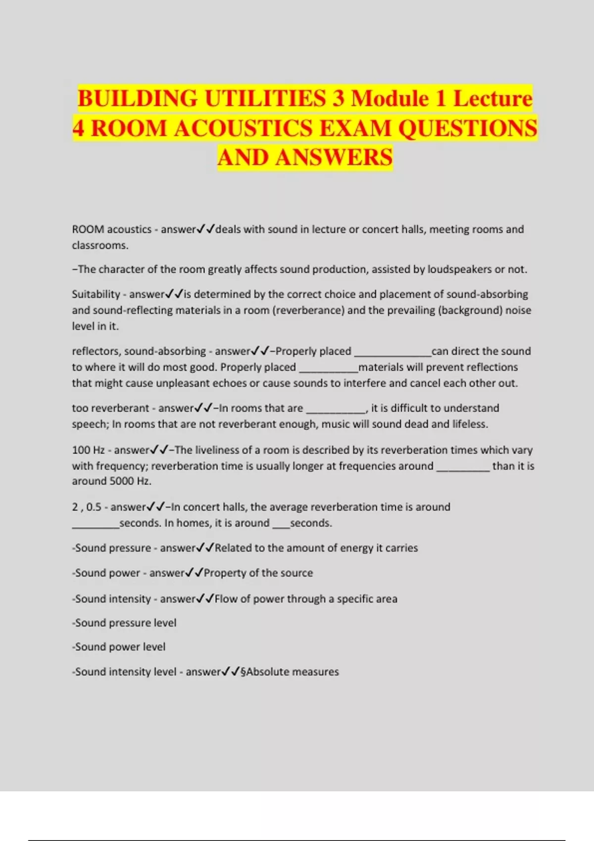 BUILDING UTILITIES 3 Module 1 Lecture 4 ROOM ACOUSTICS EXAM QUESTIONS AND ANSWERS - BUILDING ...