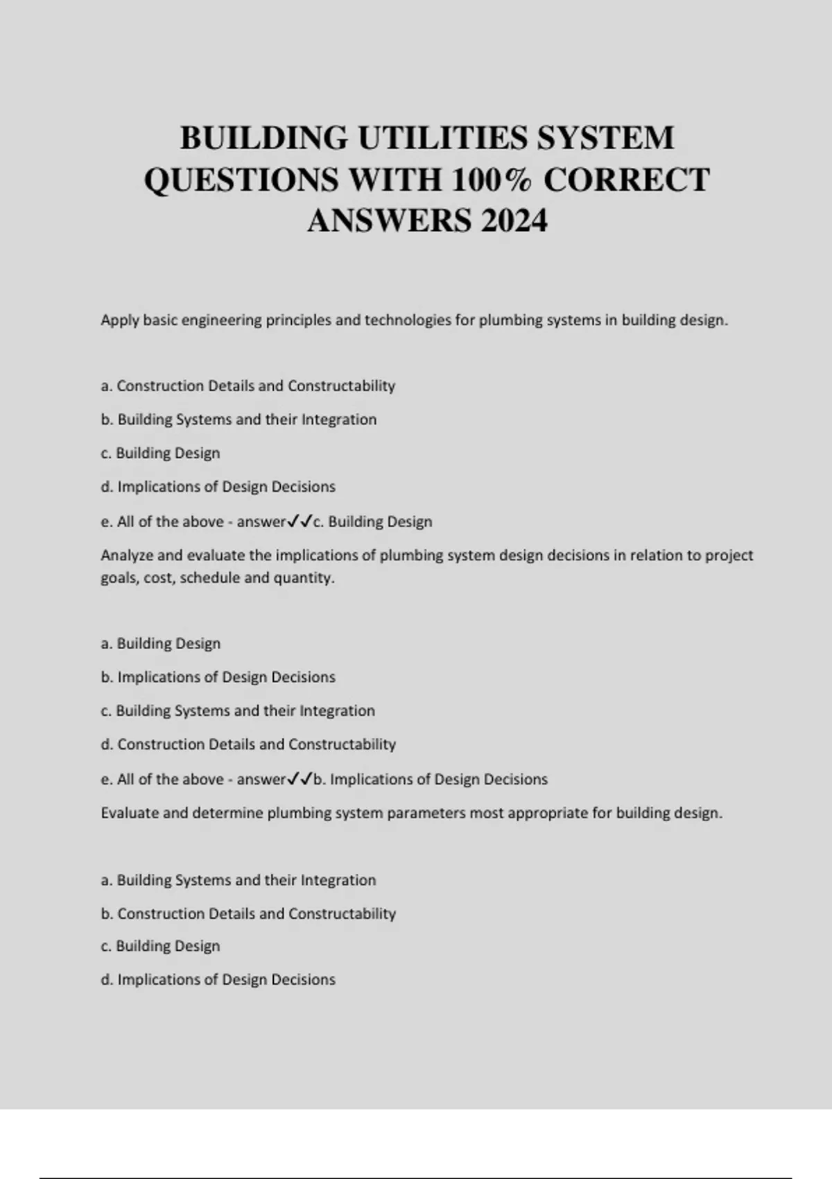 BUILDING UTILITIES SYSTEM QUESTIONS WITH 100% CORRECT ANSWERS 2024 ...