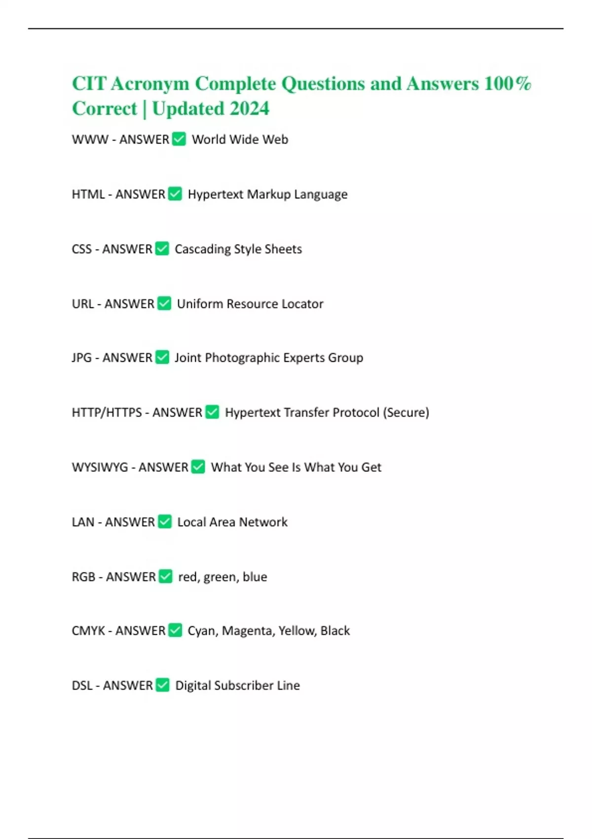 CIT Quiz 1 Complete Questions and Answers 100% Correct | Updated 2024 - CIT - Stuvia US