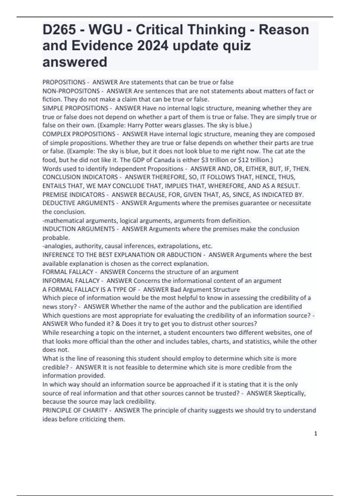 D265 - WGU - Critical Thinking - Reason and Evidence 2024 update quiz ...